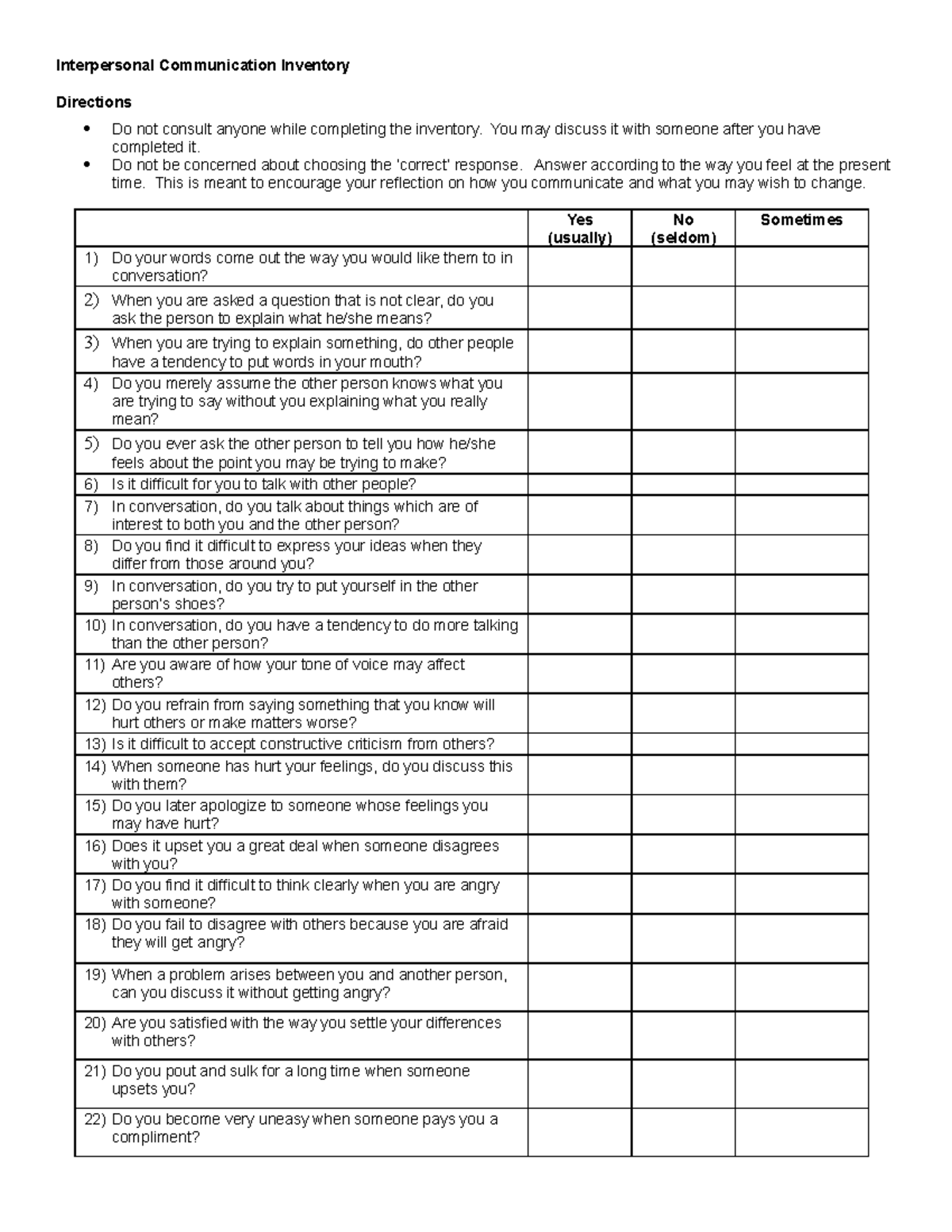 Interpersonal Communication Inventory Assignment Answers ...