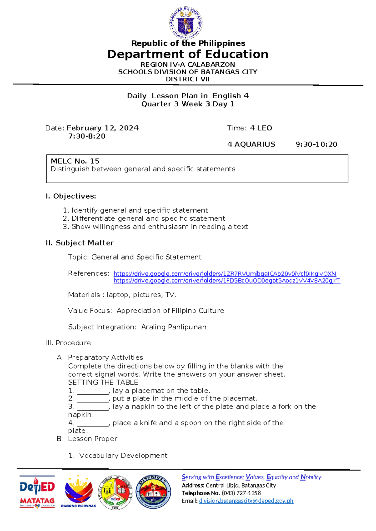 English 4 Q3 Week3 Day1 - lesson plan - Department of Education REGION ...