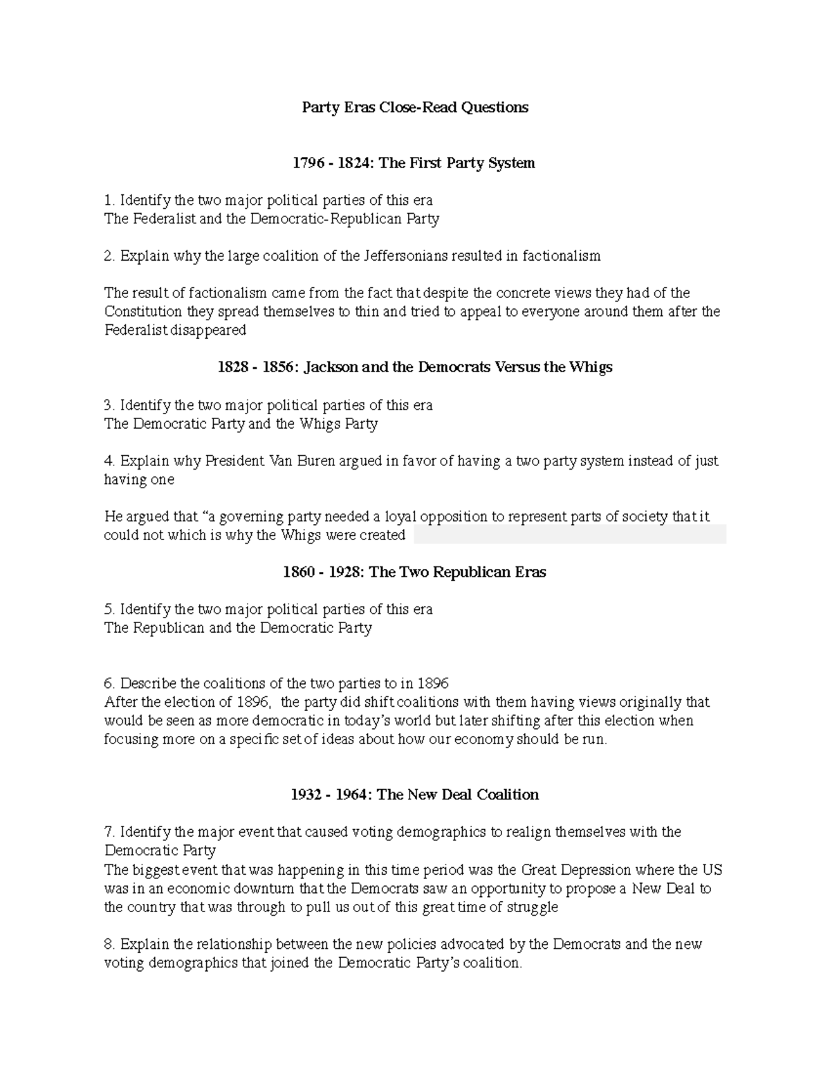 Party Eras Close-Read Questions - 1932 - 1964: The New Deal Coalition ...