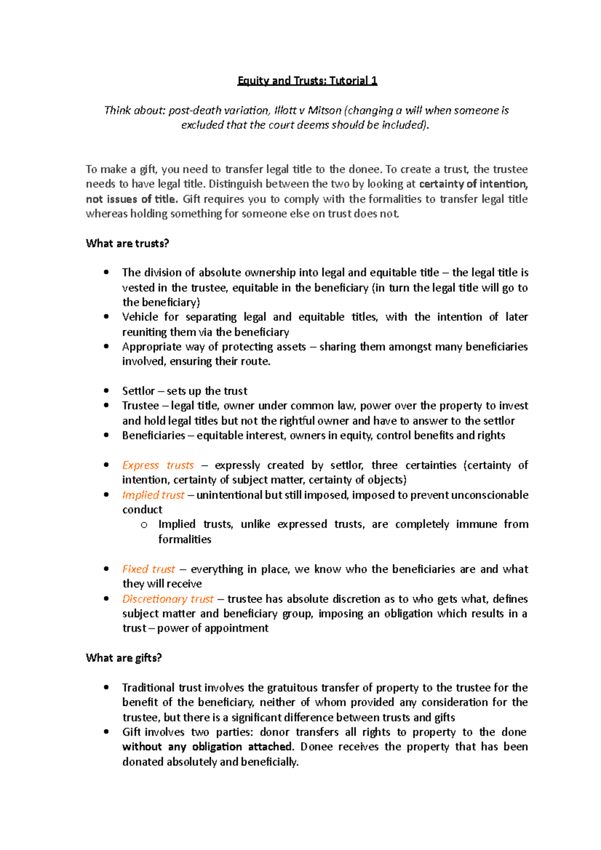 Equity and Trusts - tutorial 1 - Equity and Trusts: Tutorial 1 Think ...