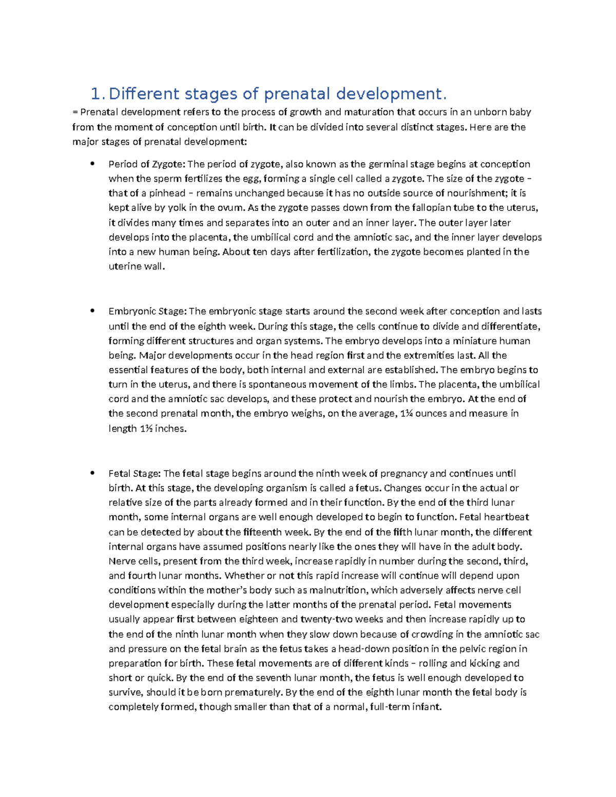 Developmental Psychology - 1. Different stages of prenatal development. = Prenatal development ...