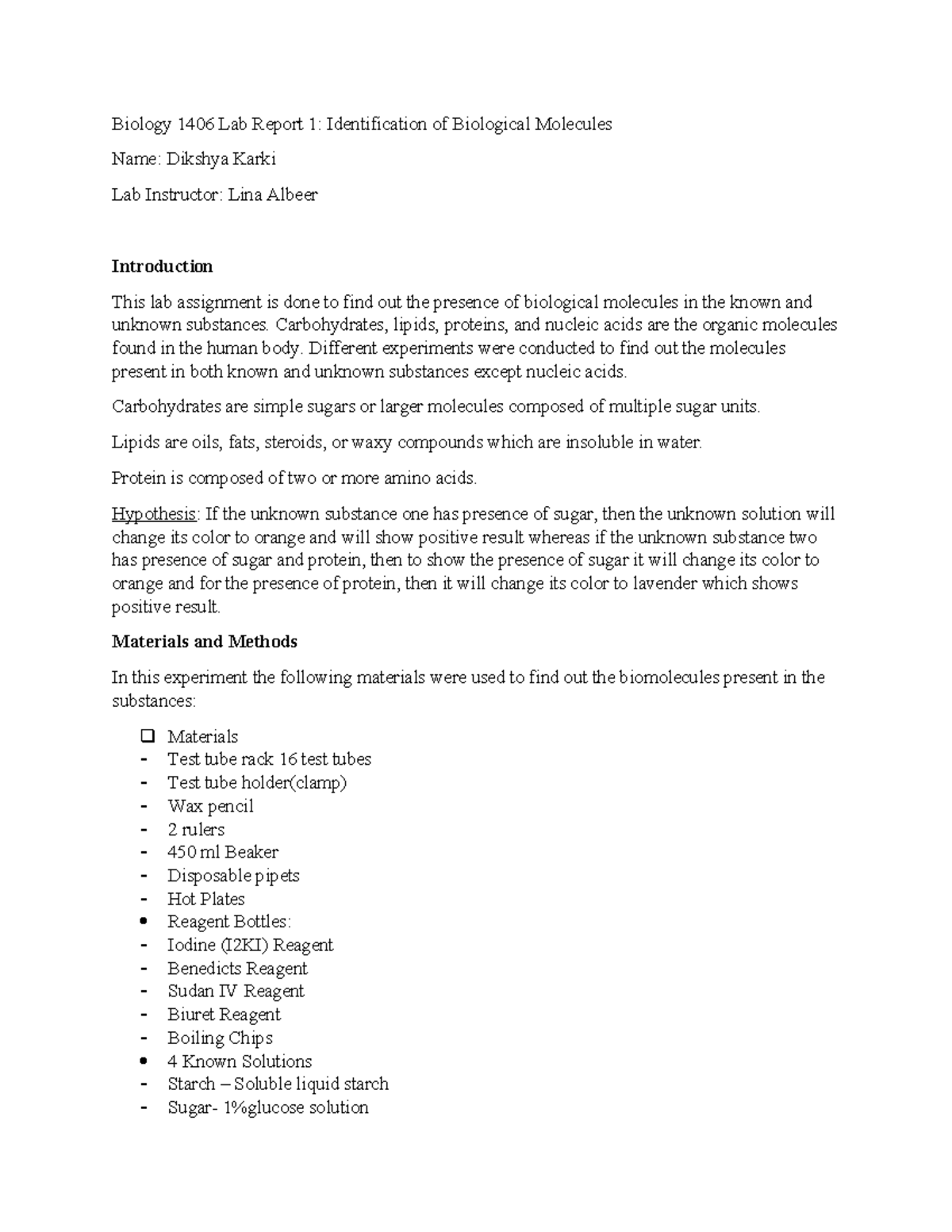 Lab Report 1 - Copy - Biology 1406 Lab Report 1: Identification of Biological Molecules Name ...