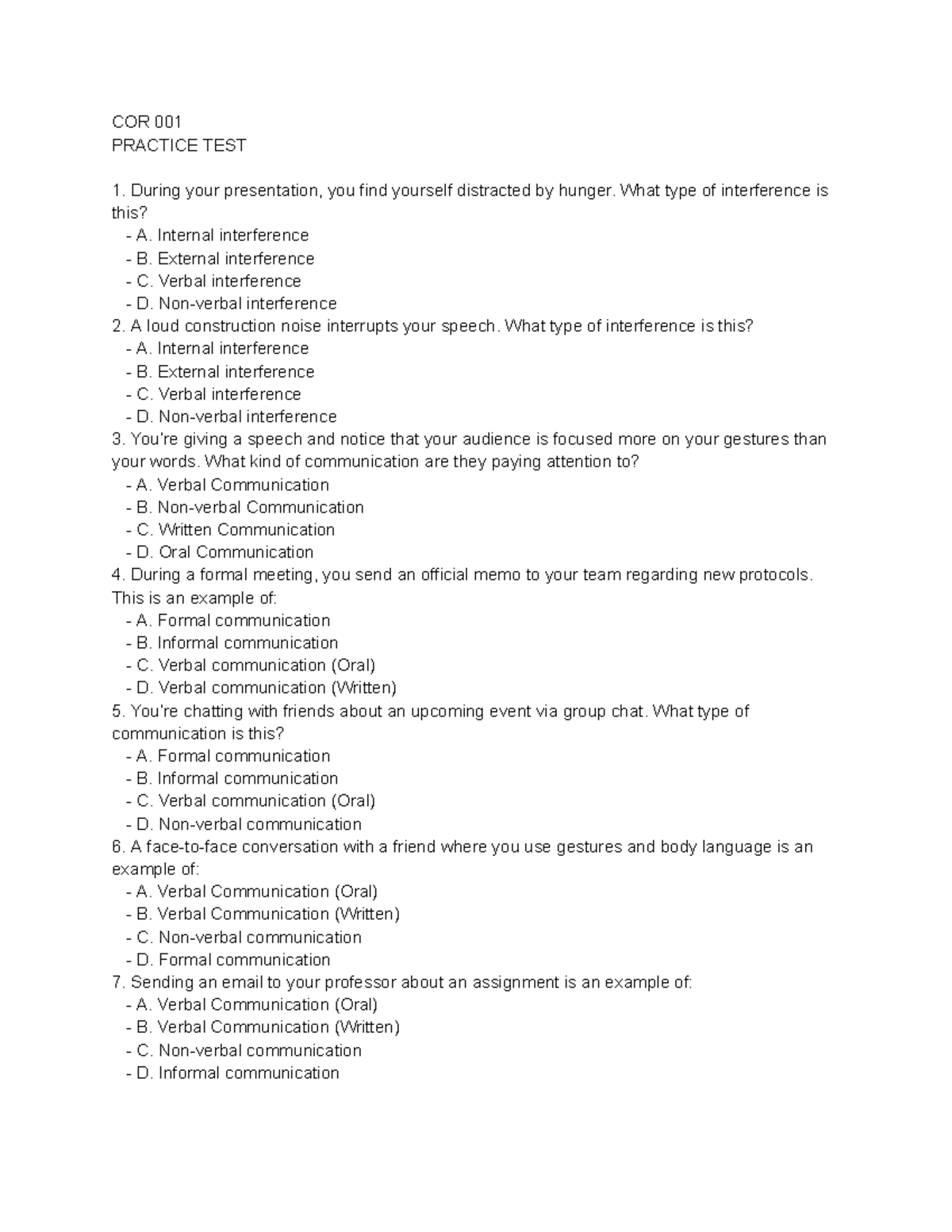 COR 001 Practest - oral communication - COR 001 PRACTICE TEST During ...