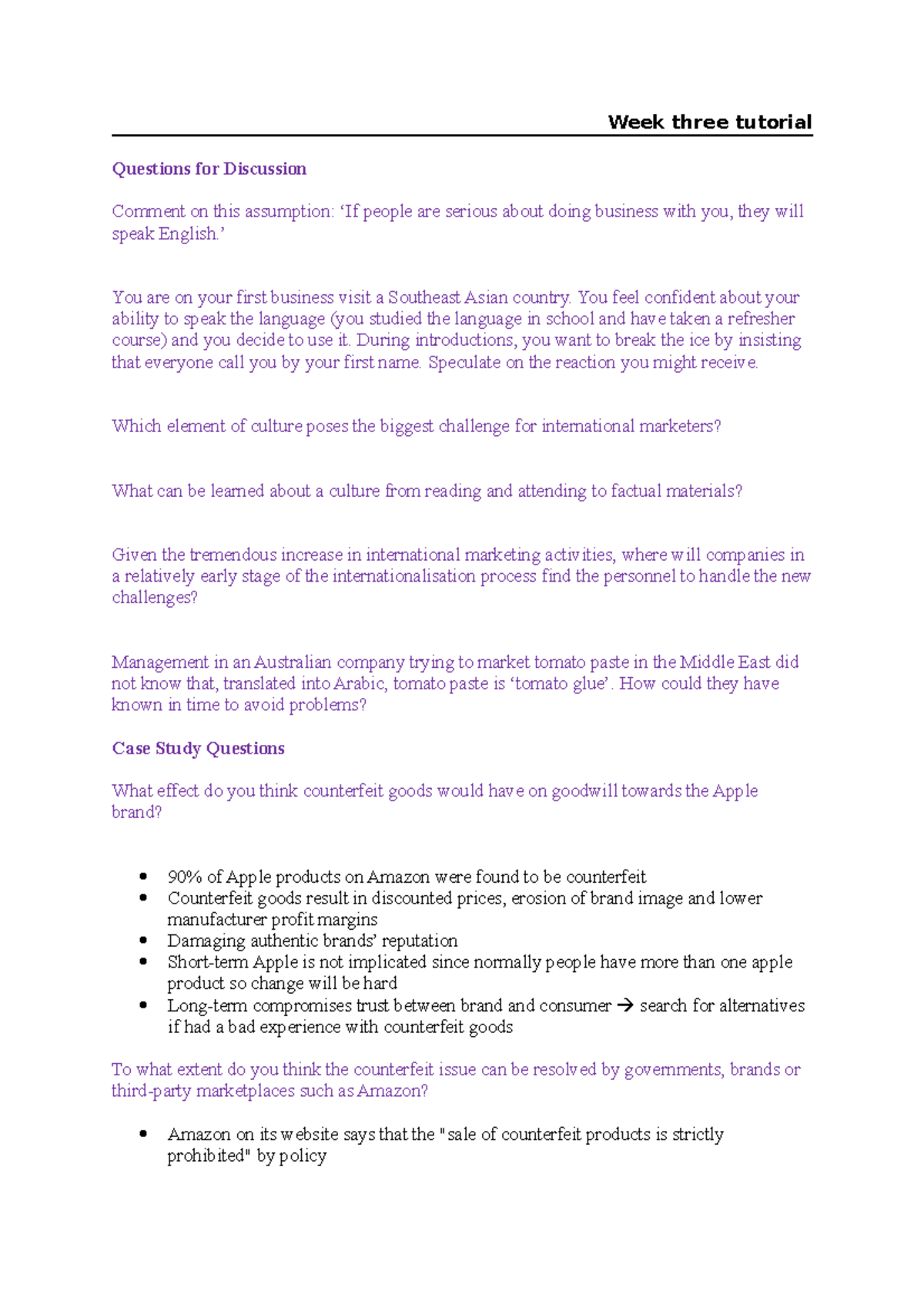 Week three tutorial - tute - Week three tutorial Questions for ...