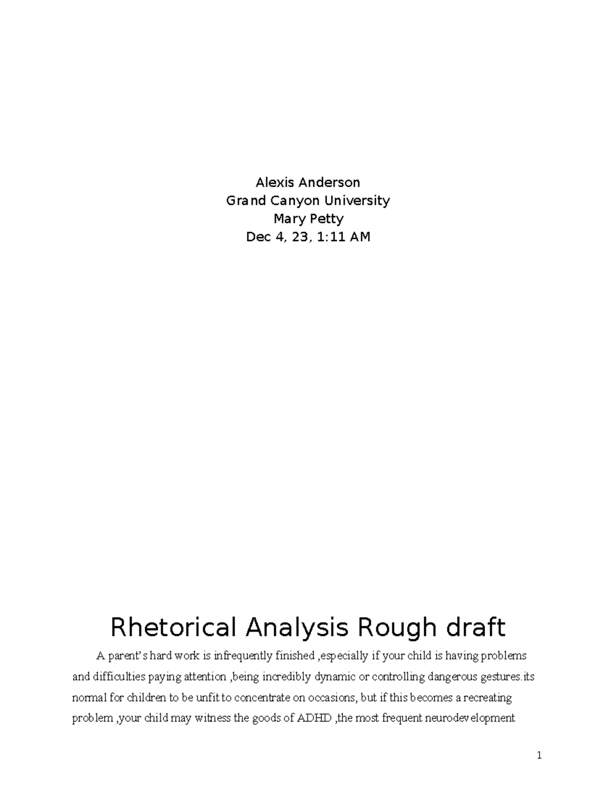 First draft - Paper - Alexis Anderson Grand Canyon University Mary ...