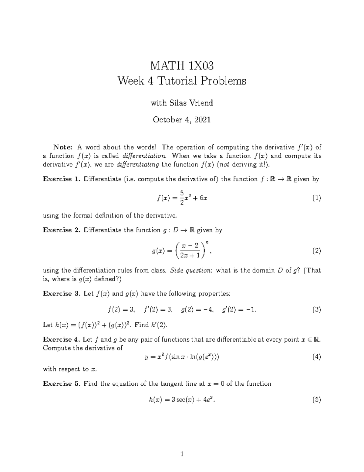 Week 4 Tutorial Problems - Math 1X03 - McMaster - Studocu
