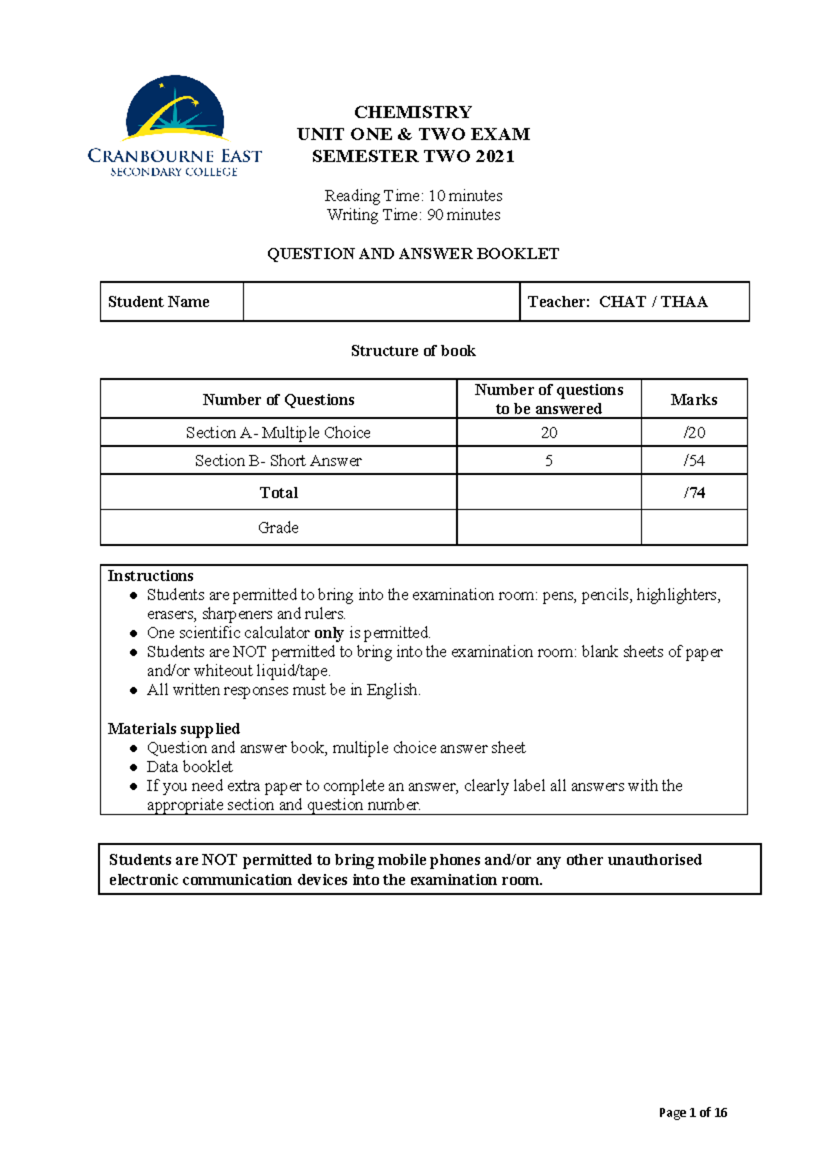 2021 U1 & 2 Chemistry - Exam handout and solutions - CHEMISTRY UNIT ONE ...