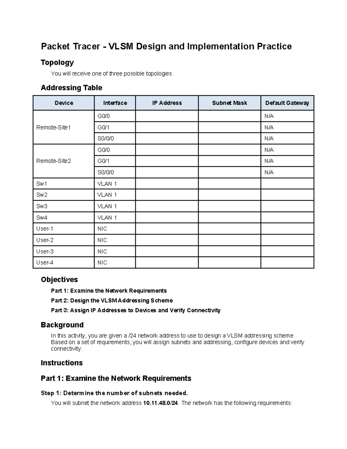 11.9.3 Packet Tracer - VLSM Design and Implementation Practice - Packet Tracer - VLSM Design and ...