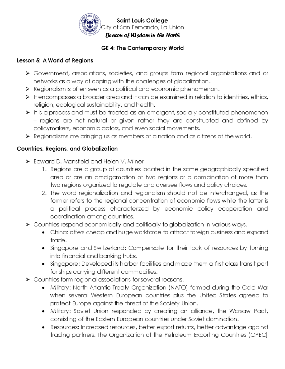 Lesson 05 Regionalism - 11111 - Saint Louis College City of San ...