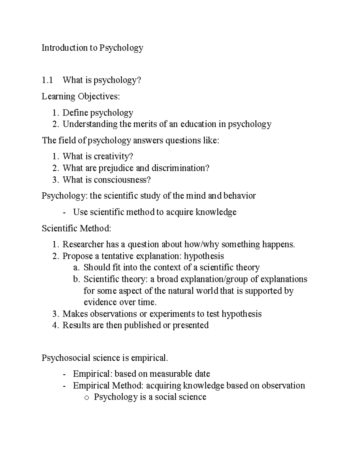 Chapter 1-Intorduction to Psychology - Introduction to Psychology 1 ...