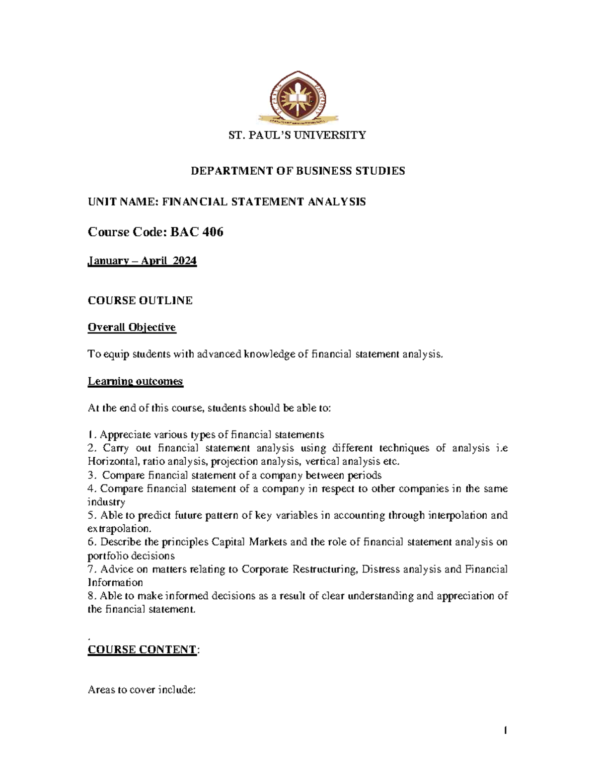 BAC 406- Financial Statement Analysis - . TS A P U L ’ S U N I V E R T ...