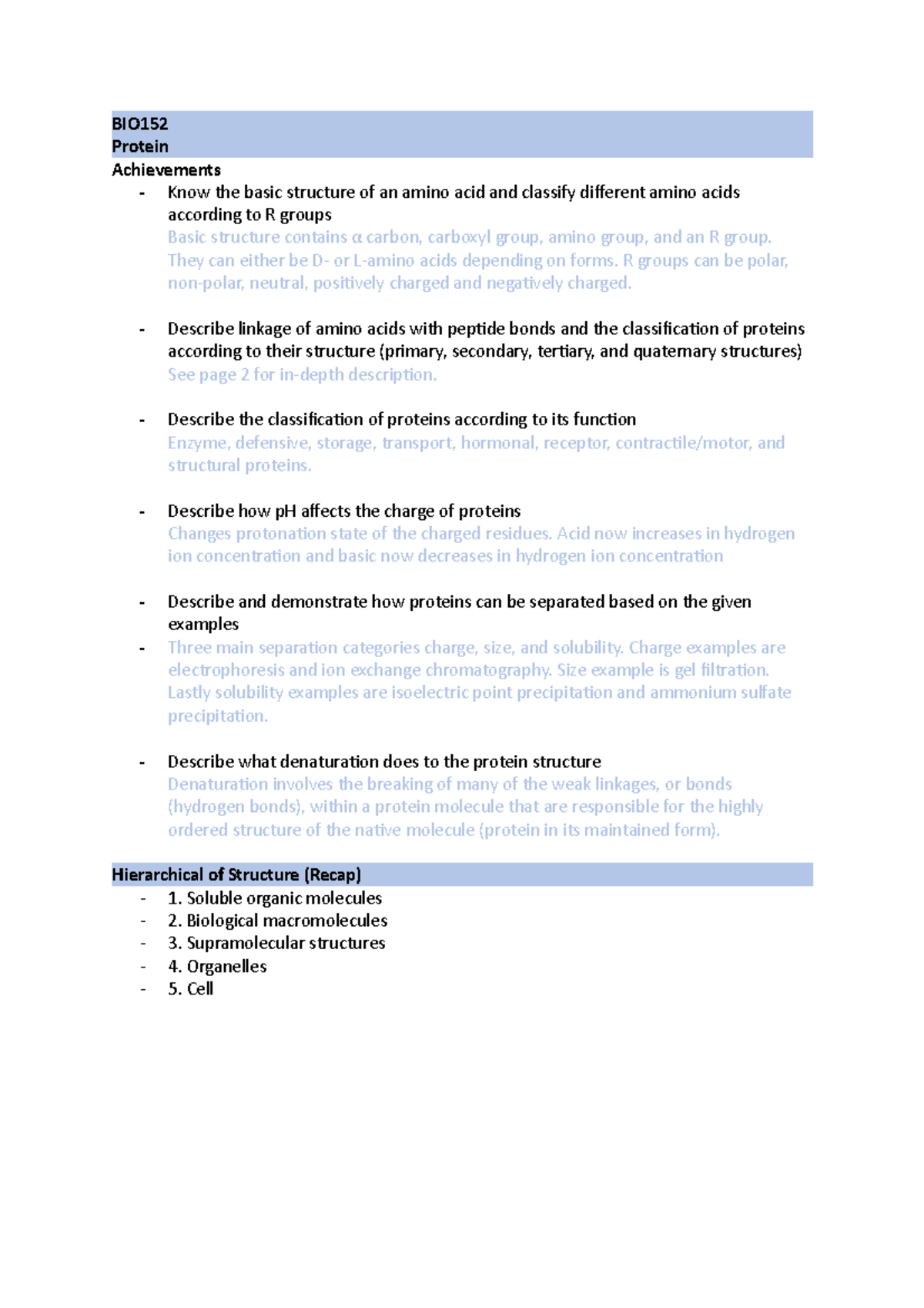 BIO152 - Protein - These notes cover all of the following in detail ...