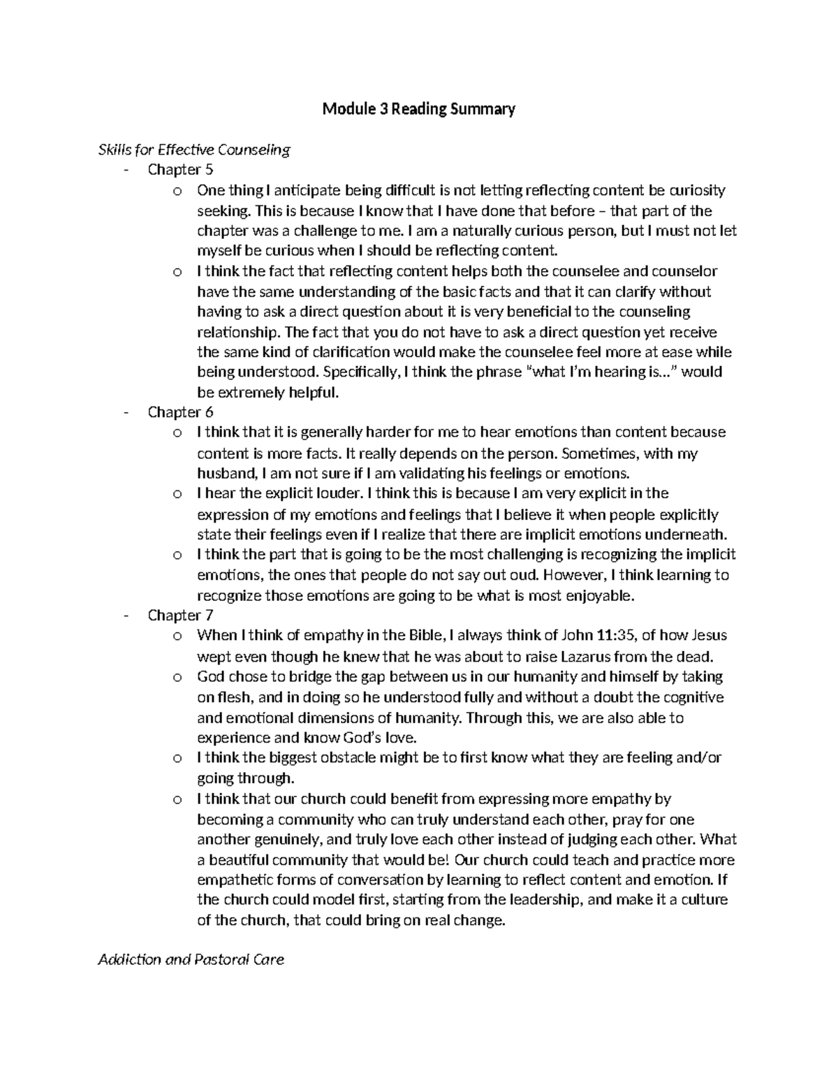 Module 3 Reading Summary - Module 3 Reading Summary Skills for Effective Counseling Chapter 5 o ...