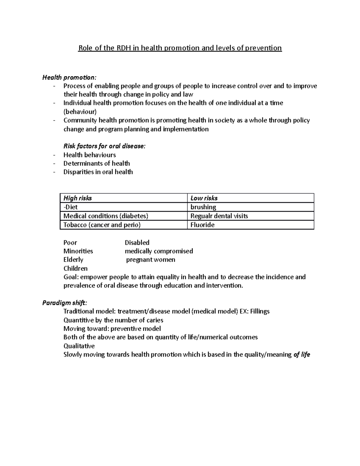 Role of the RDH in health promotion and levels of prevention - Paradigm ...