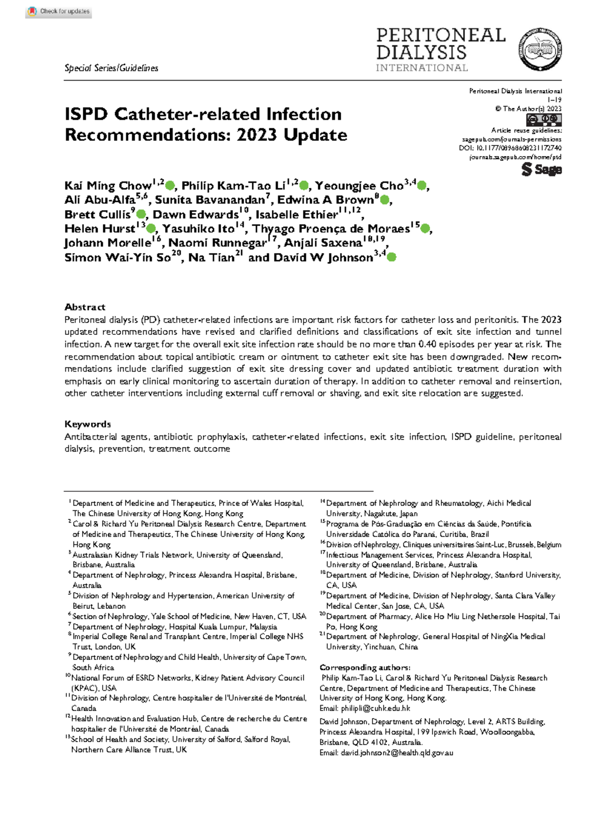 ISPD Catheter related Infection Recommendations 2023 Update 2 - Special ...