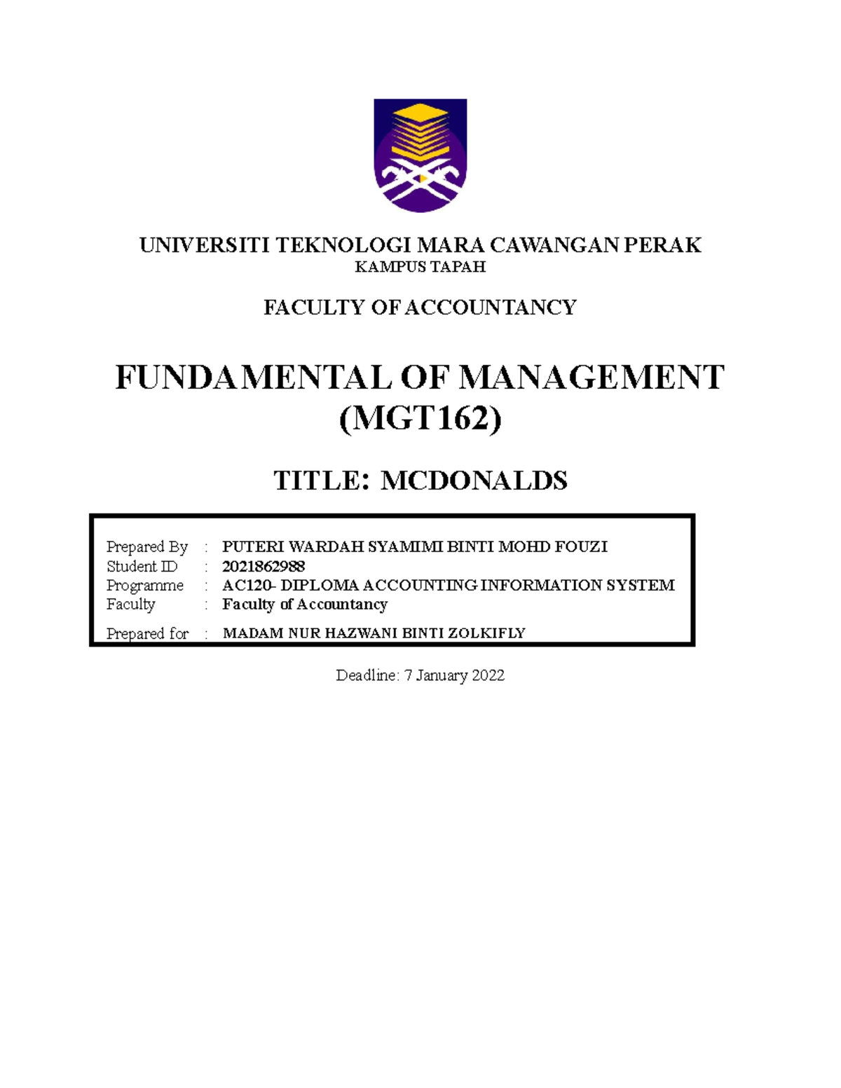 MGT162 (Individual Assignment) - UNIVERSITI TEKNOLOGI MARA CAWANGAN ...