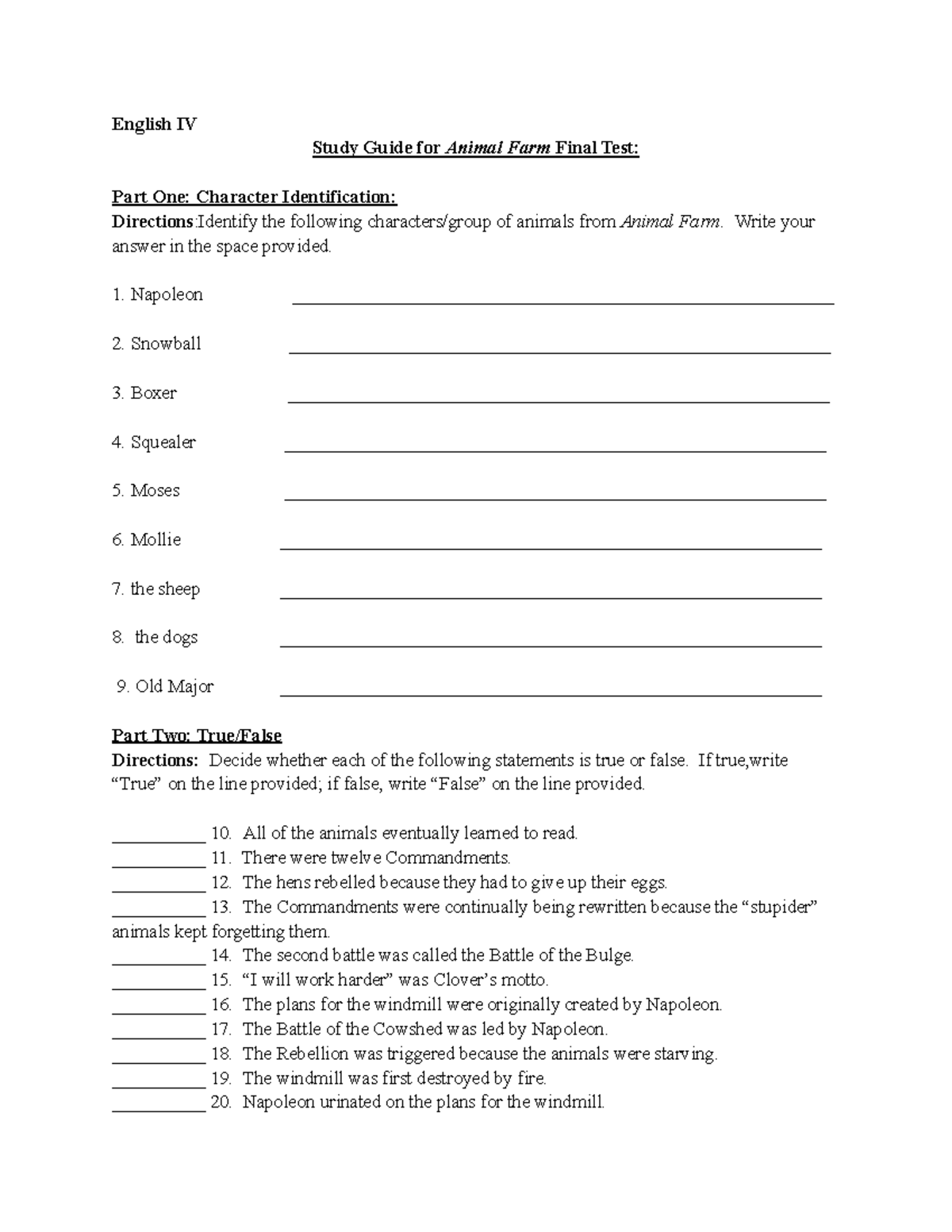 A copy - English IV Study Guide for Animal Farm Final Test: Part One ...