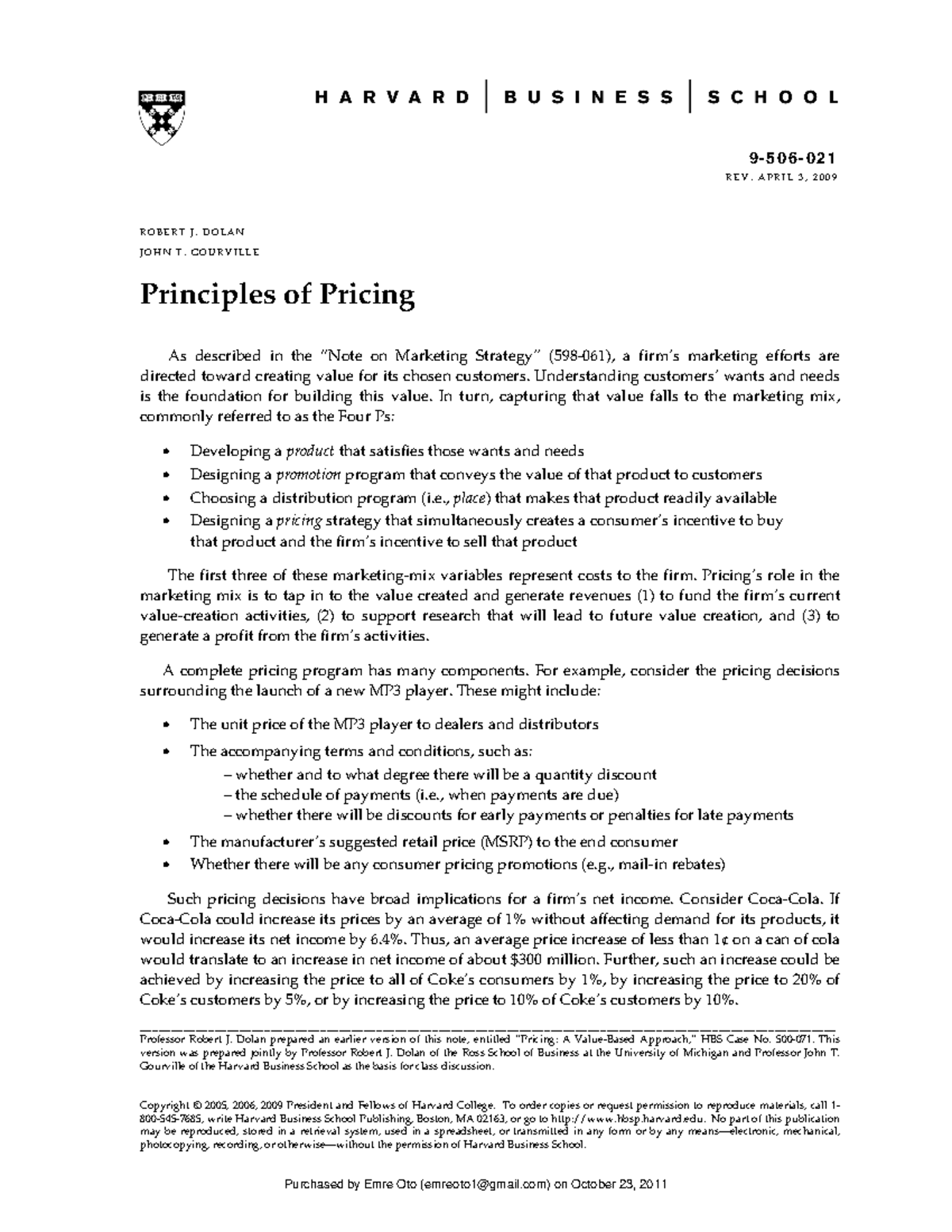 HBR on Pricing - Case study for class - 9 - 5 0 6 - 0 2 1 R E V : A P R ...
