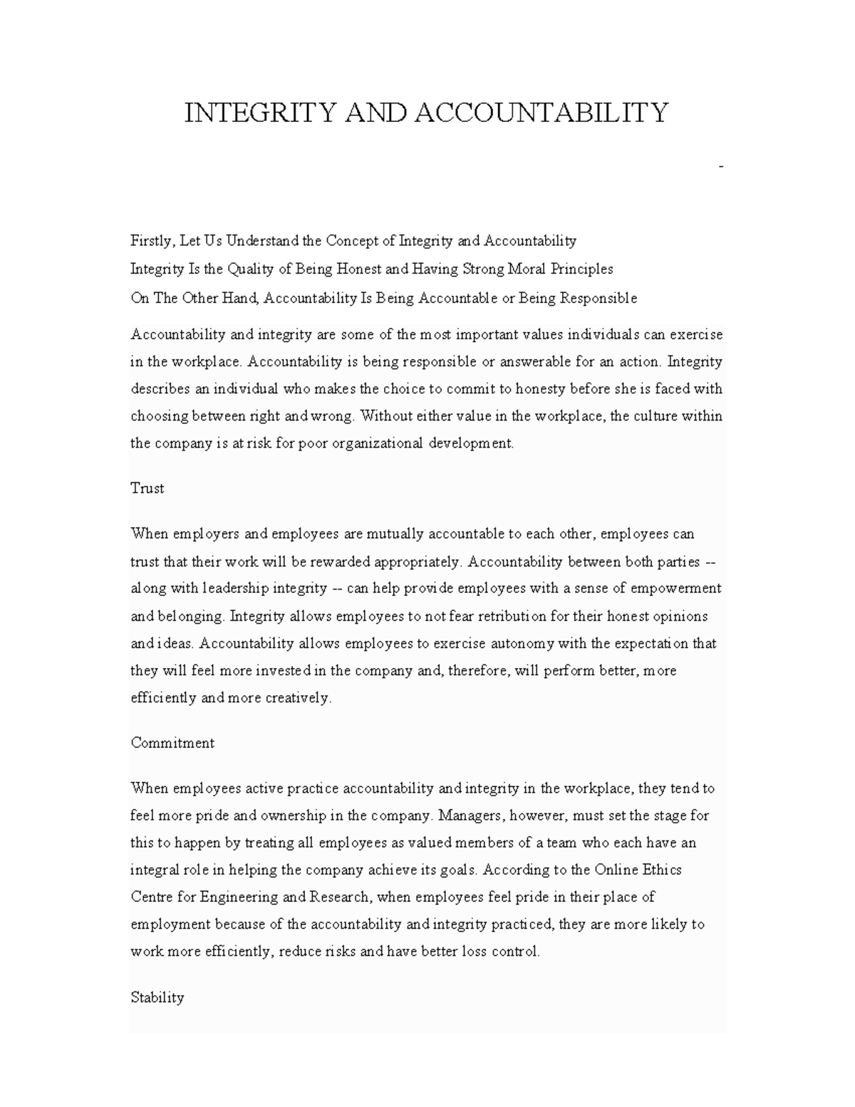 Integrity AND Accountability - INTEGRITY AND ACCOUNTABILITY - Firstly ...