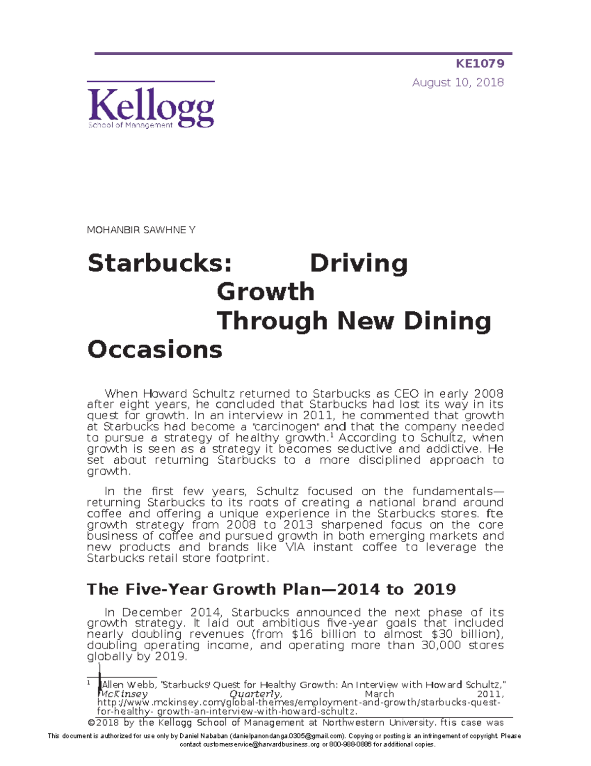 Starbucks case study - This document is authorized for use only by ...