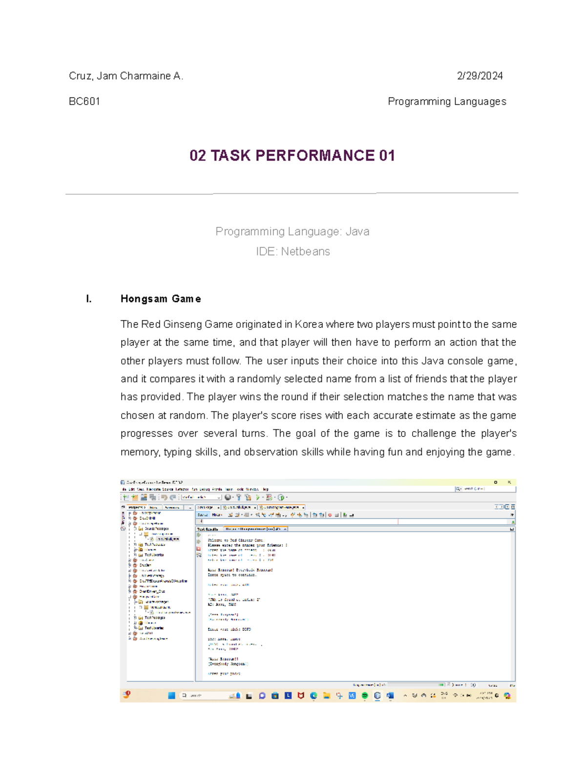 BC601 Cruz 02 Task Performance 01 Programming Languages - Cruz, Jam Charmaine A. 2 /29/ BC601 ...