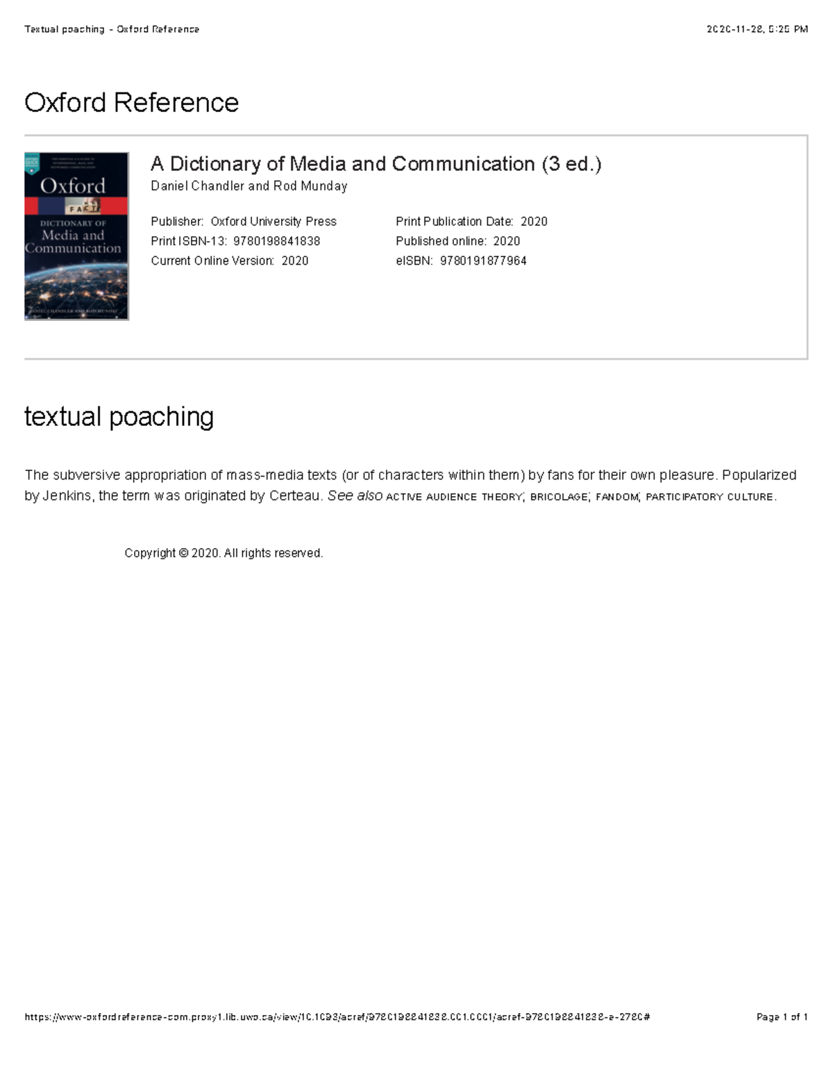 Week 11 Readings - Textual poaching - Oxford Reference 2020-11-28, 5:25 ...