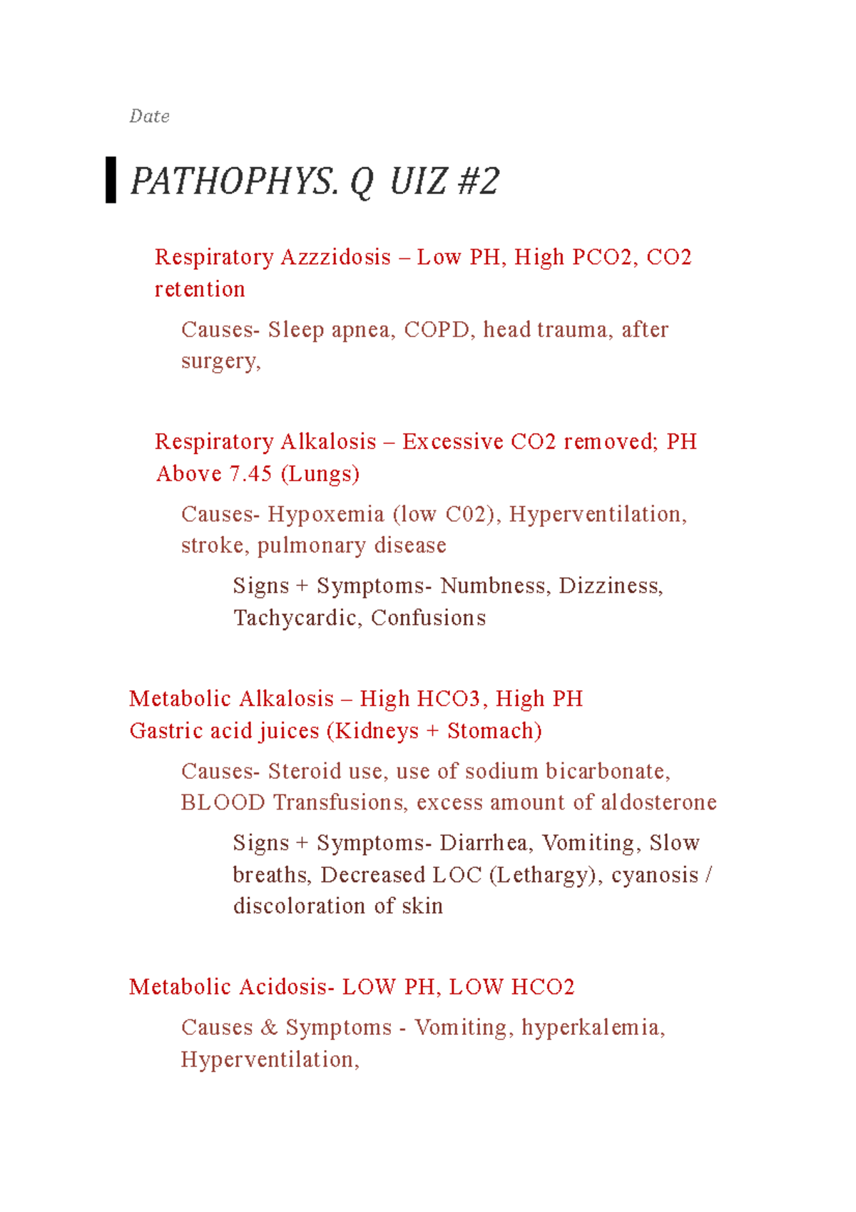 Pathophysiology Review quiz 2 - Date PATHOPHYS. Q UIZ Respiratory ...