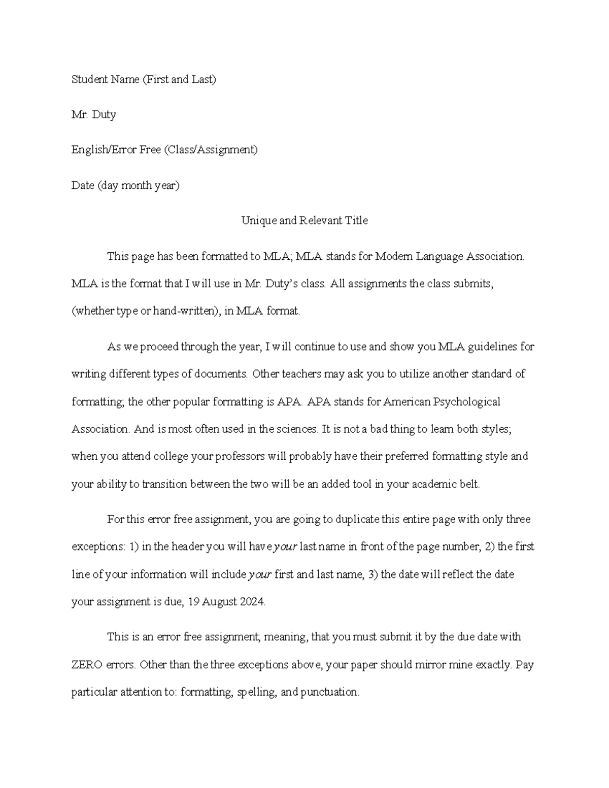 Error Free Assignment - practice typing in MLA format - Student Name ...