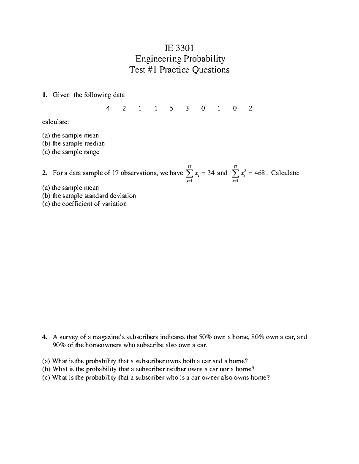 Exam 1 Practice Problems - IE 3301 Engineering Probability Test #1 ...