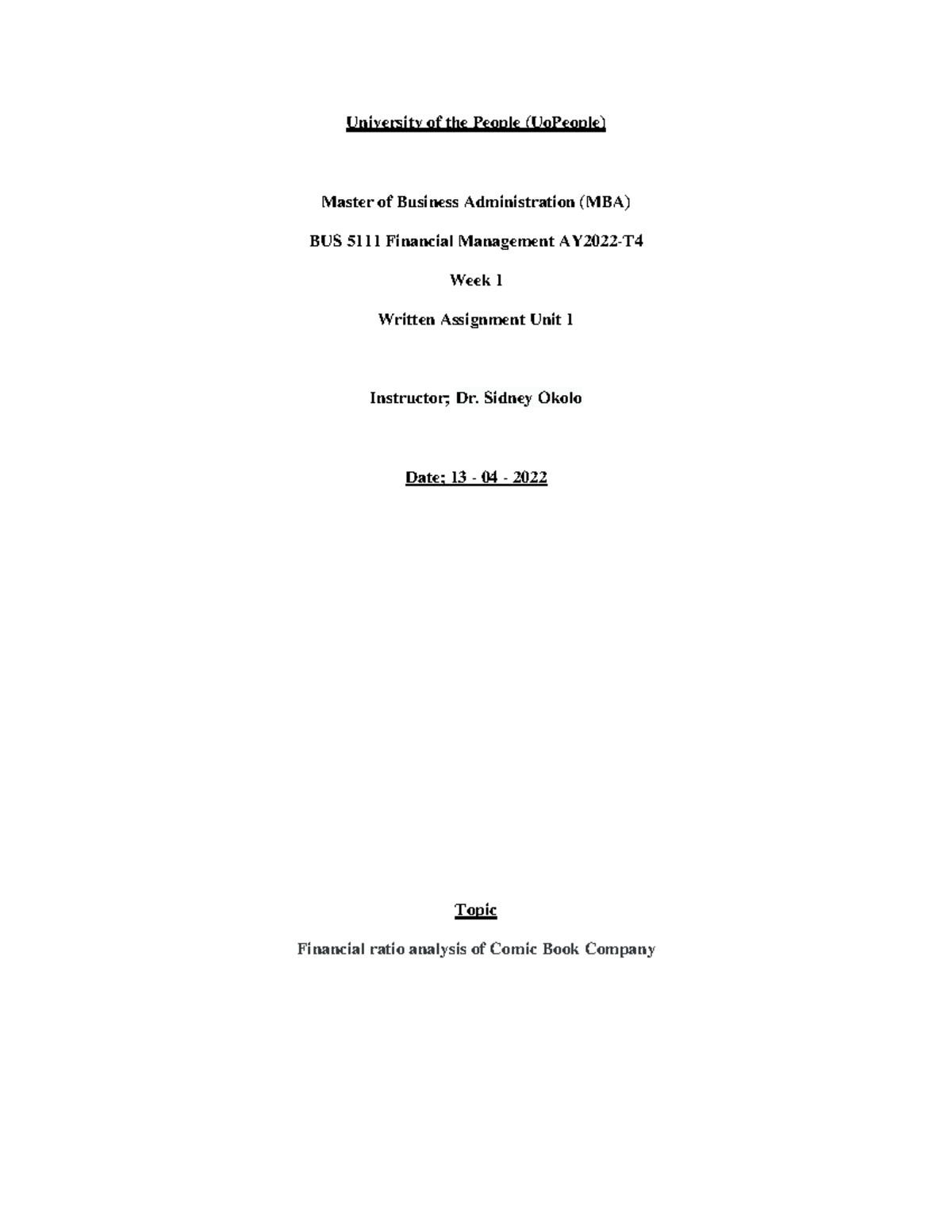 BUS 5111 Written Assignment Unit 1 - University of the People (UoPeople) Master of Business ...