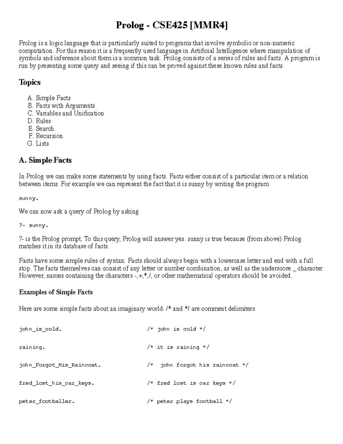 Lesson-3 - Lecture Note - Prolog - CSE425 [MMR4] Prolog is a logic ...