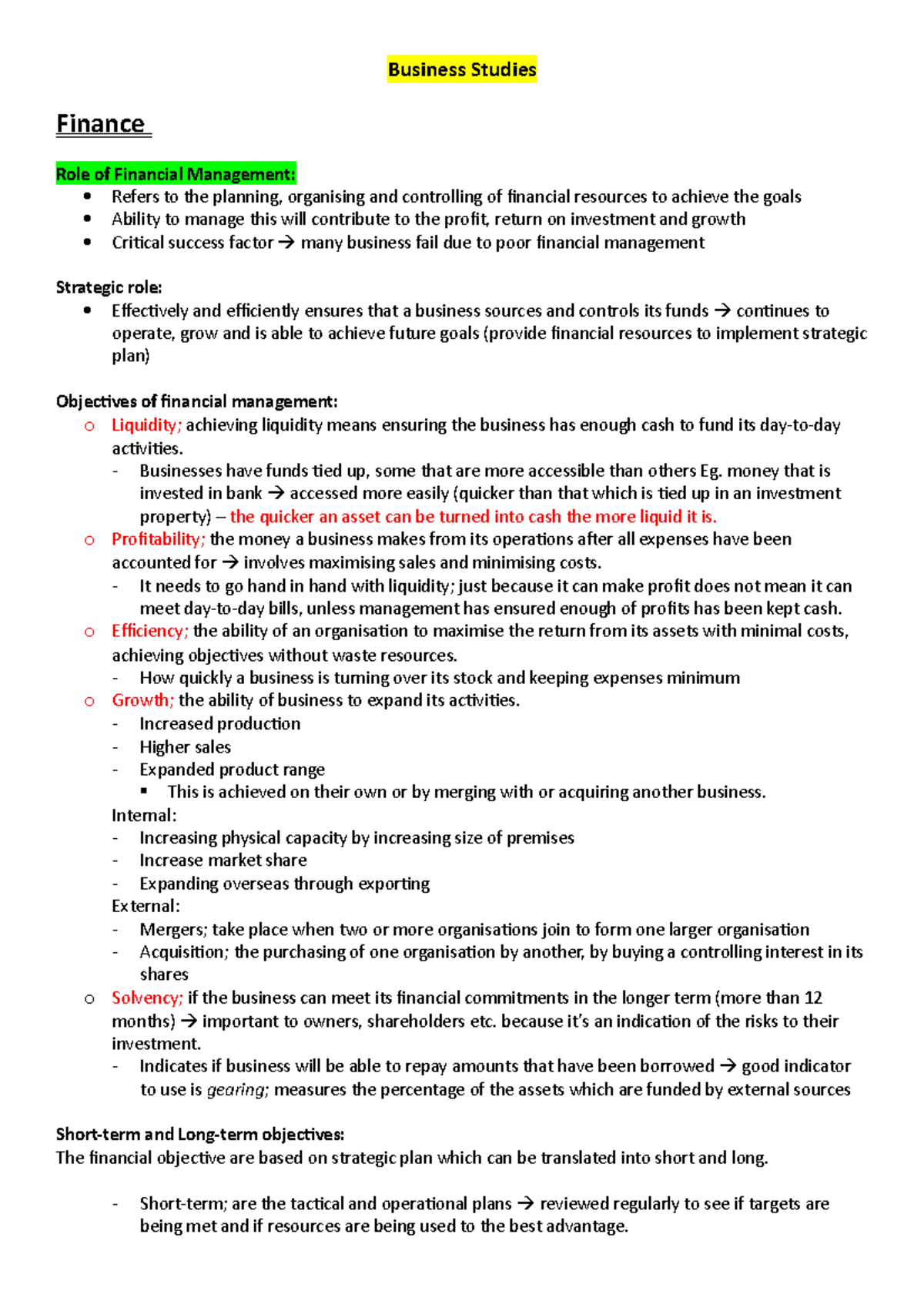Finance notes - Business Studies Finance Role of Financial Management ...