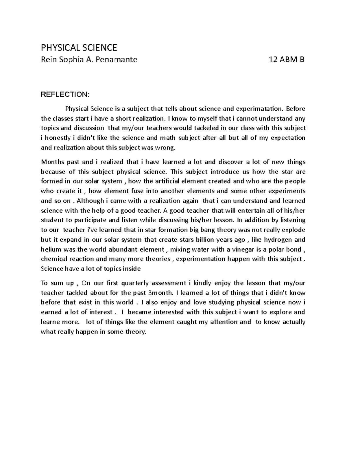 Pisay - brief info - PHYSICAL SCIENCE Rein Sophia A. Penamante 12 ABM B ...