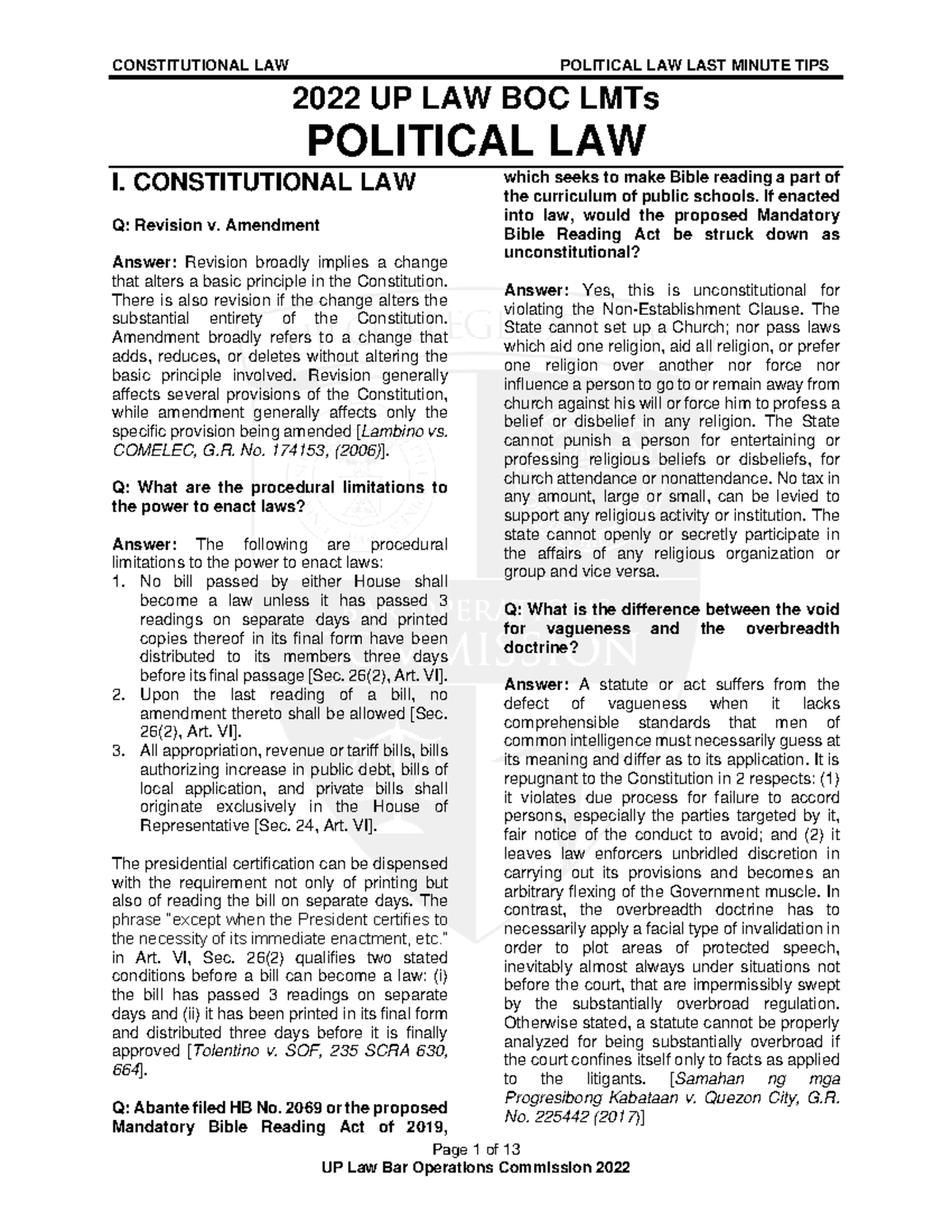 UP BOC Political Law LMT - CONSTITUTIONAL LAW POLITICAL LAW LAST MINUTE ...