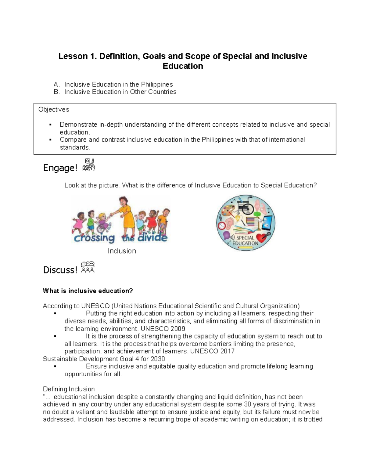 EDUC2 Lesson 1 Notes - Lesson 1. Definition, Goals and Scope of Special ...