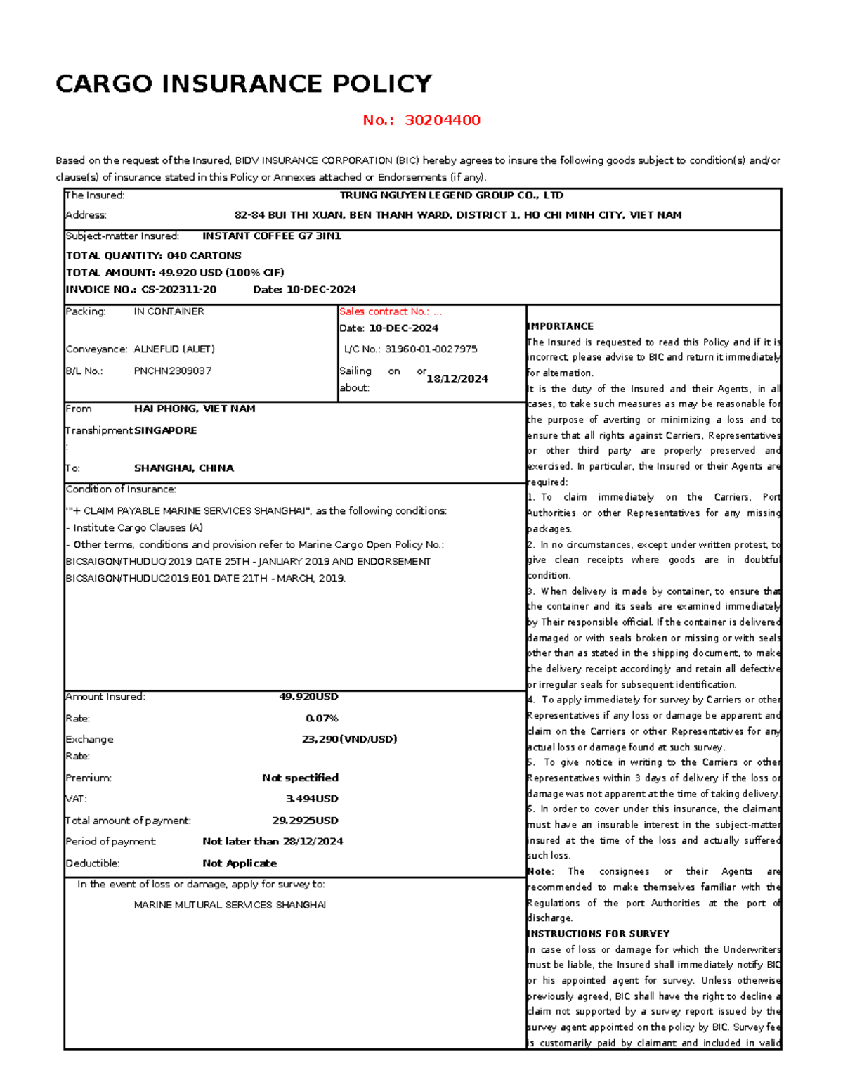 484940594-BẢO-HIỂM - Bảo hiểm - CARGO INSURANCE POLICY No.: 30204400 ...
