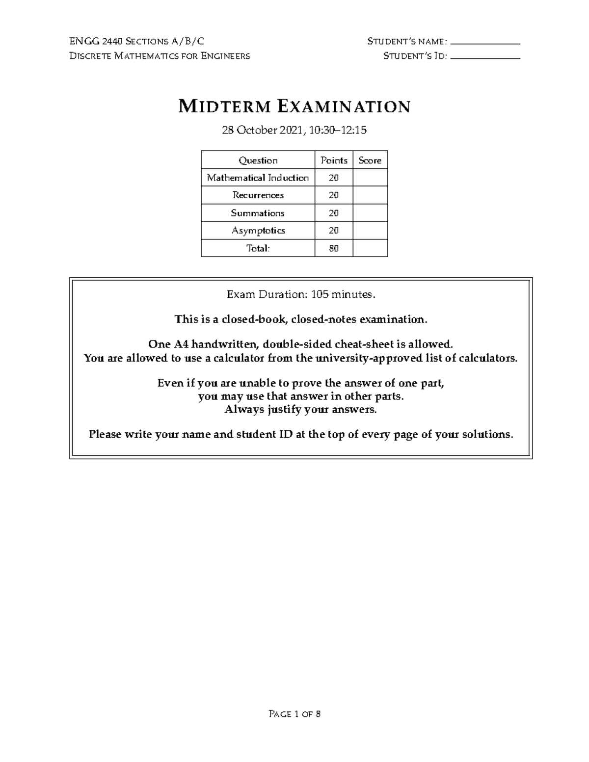 Engg2440 fall2021 midterm exam solutions - ENGG 2440 SECTIONS A/B/C DISCRETE MATHEMATICS FOR ...