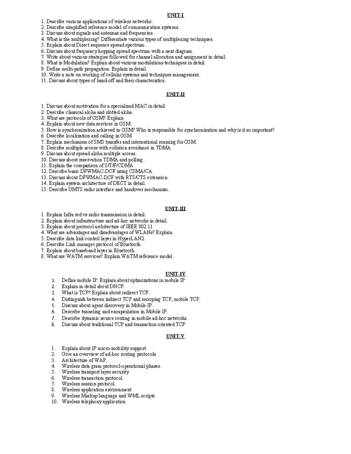 Mc Imp Unit Wise Good Unit I Describe Various Applications Of Wireless Networks Describe