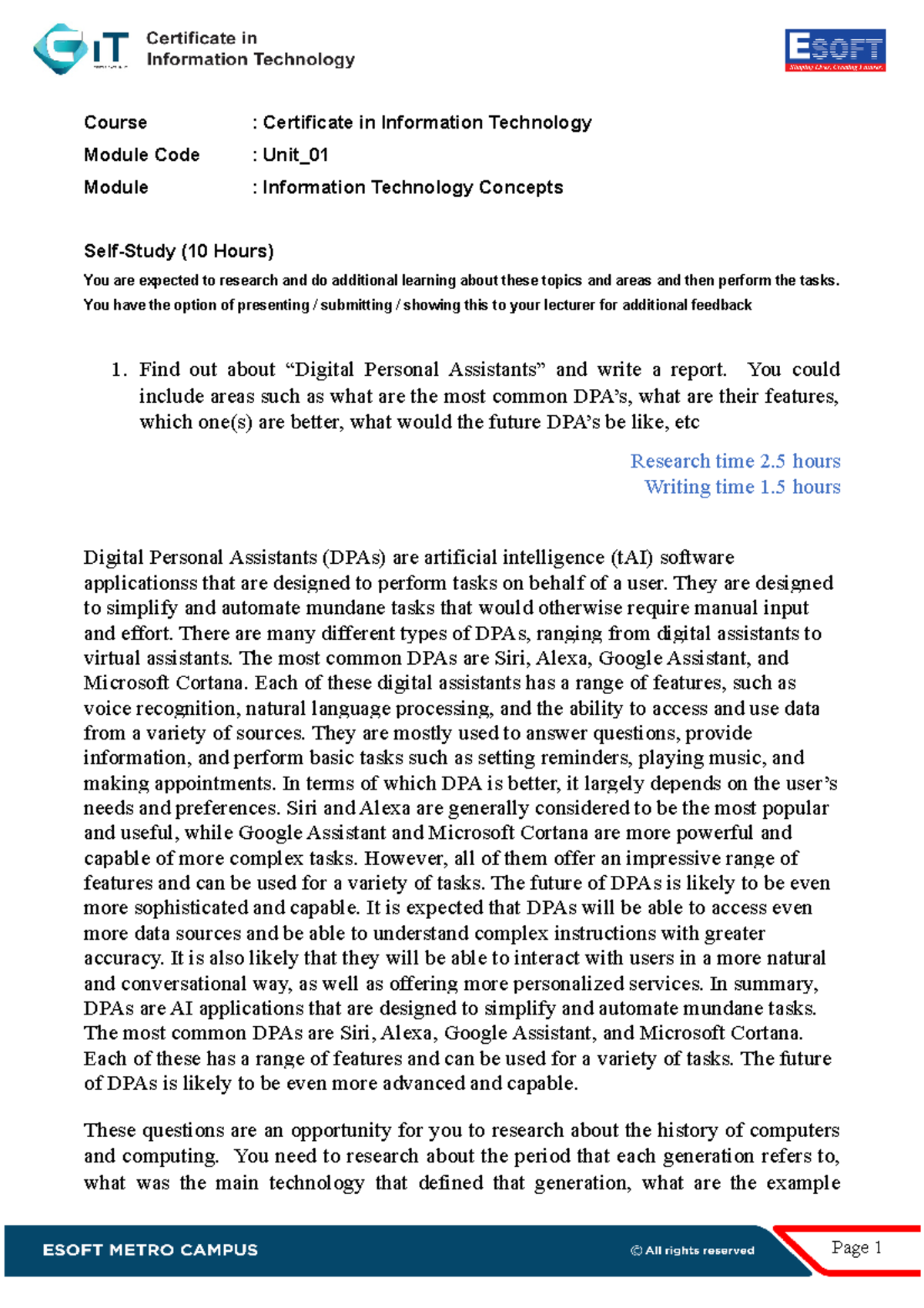 My self study - Assignment - Course : Certificate in Information Technology Module Code : Unit ...