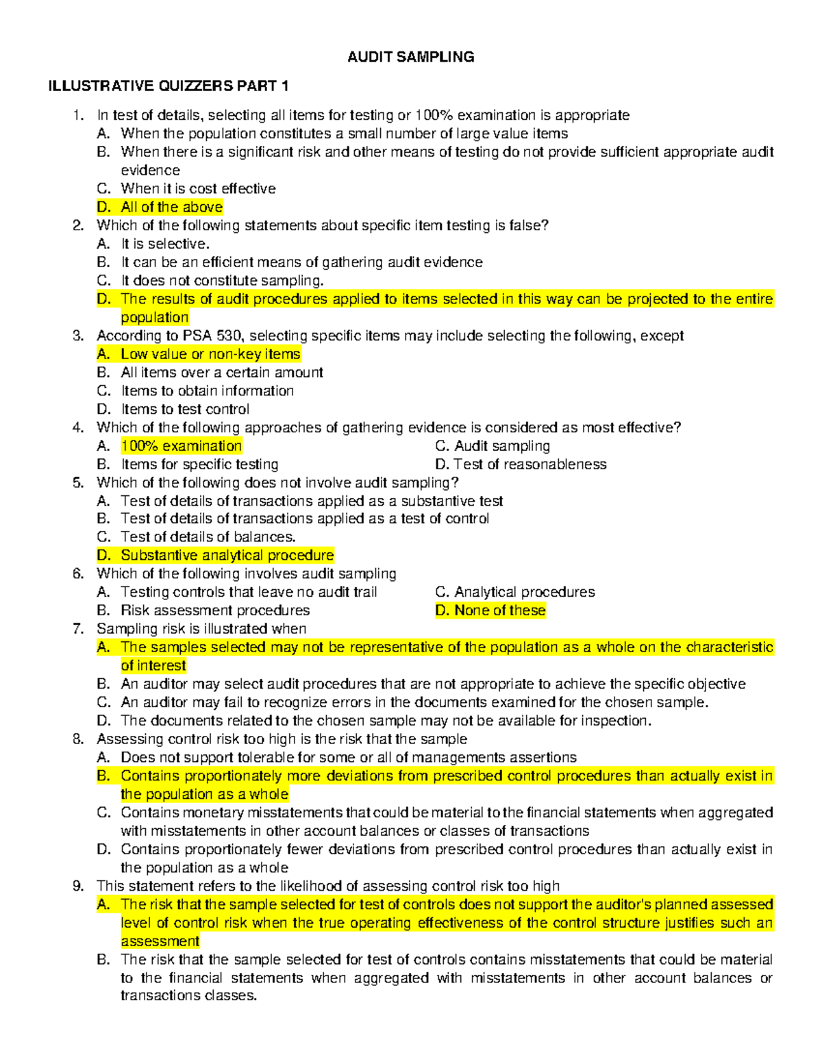 12. Audit Sampling - AUDIT SAMPLING ILLUSTRATIVE QUIZZERS PART 1 In ...