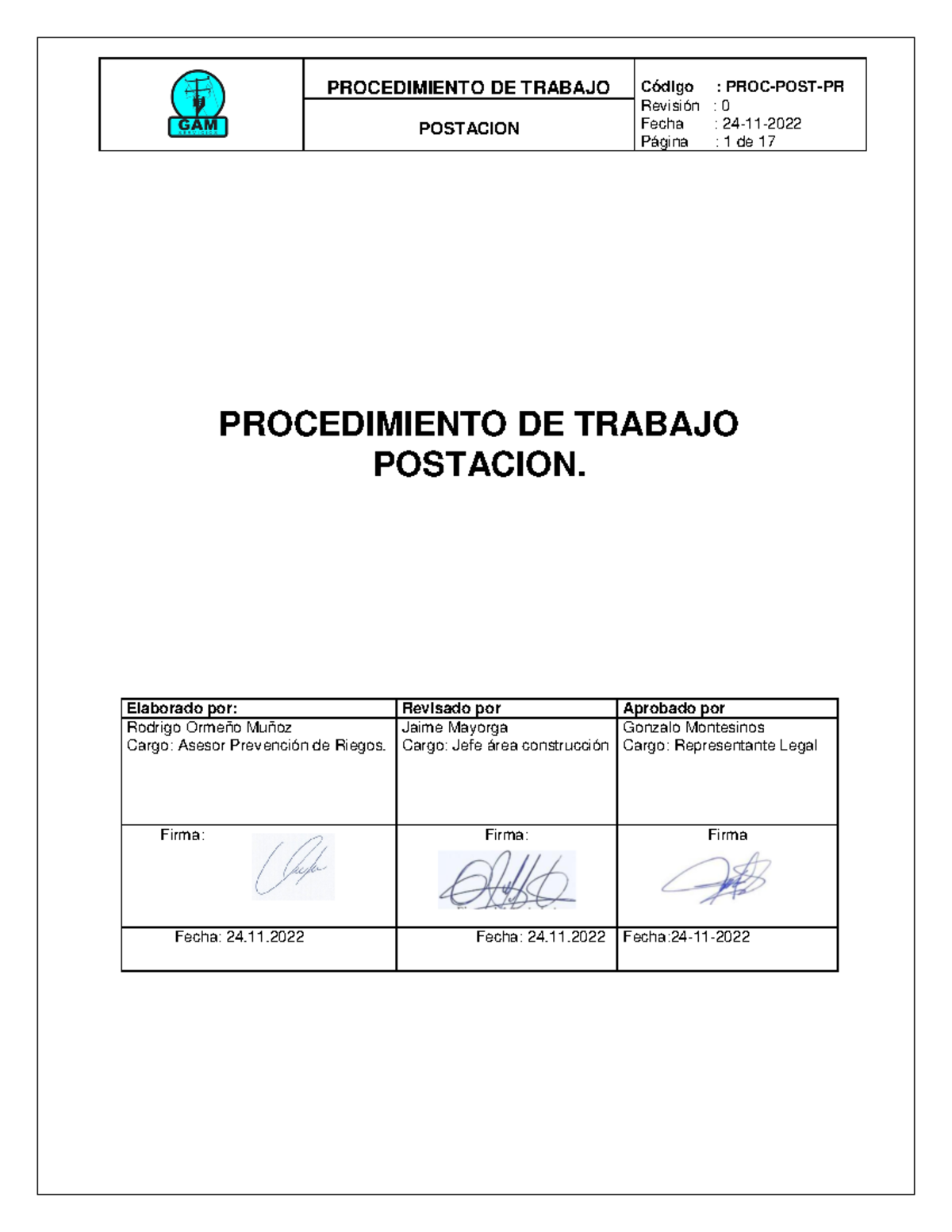 PDT Postacion - Revisión : 0 Fecha : 24 - 11 - 2022 POSTACION Página ...