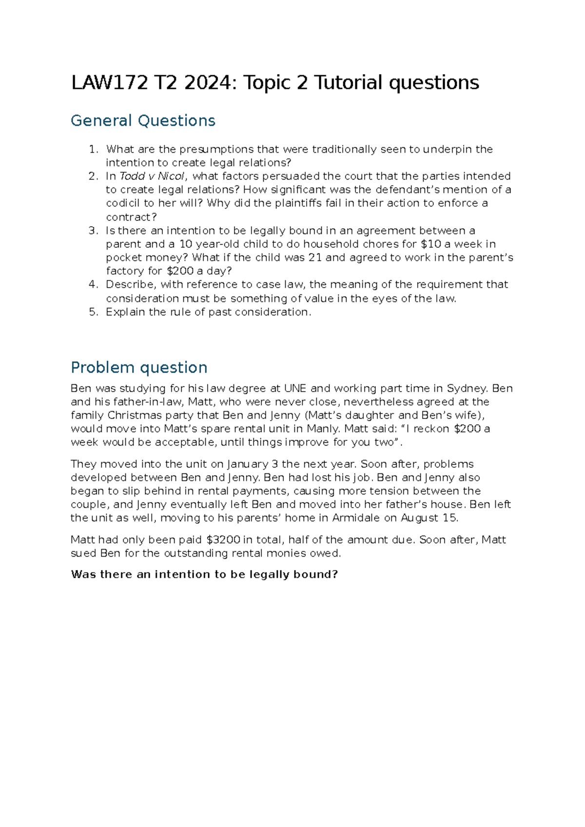 Topic 2 Tutorial Questions - LAW172 T2 2024: Topic 2 Tutorial questions ...