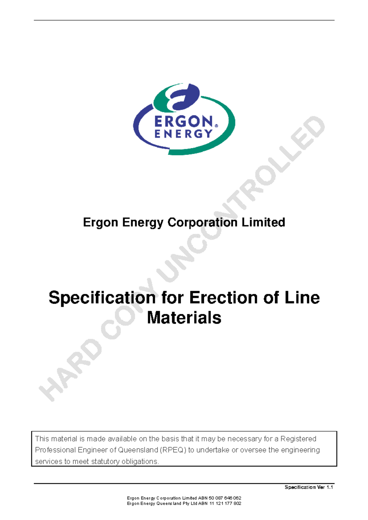 Erection of Line Materials - Specification Ver 1. Ergon Energy ...