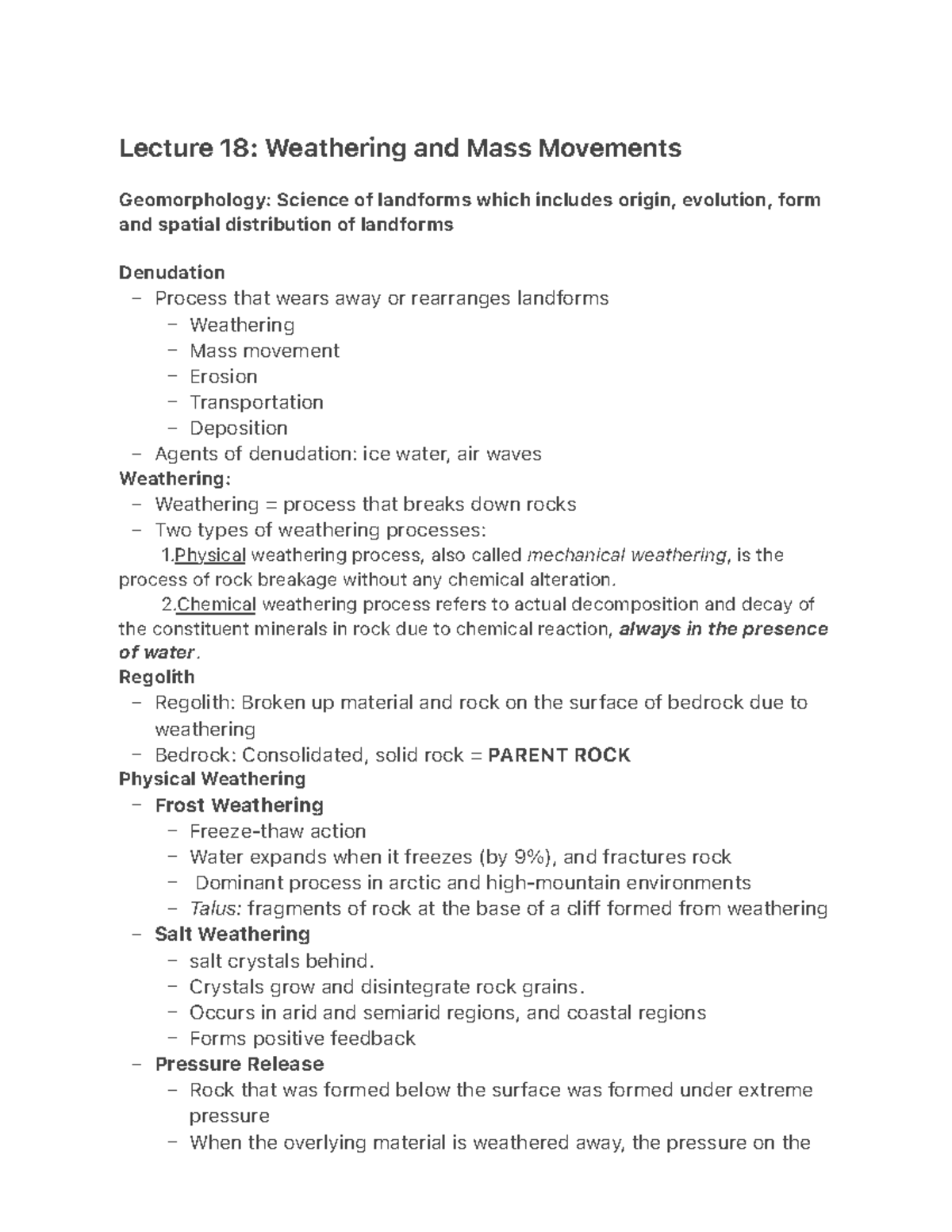 Lecture 18: Weathering and Mass Movements