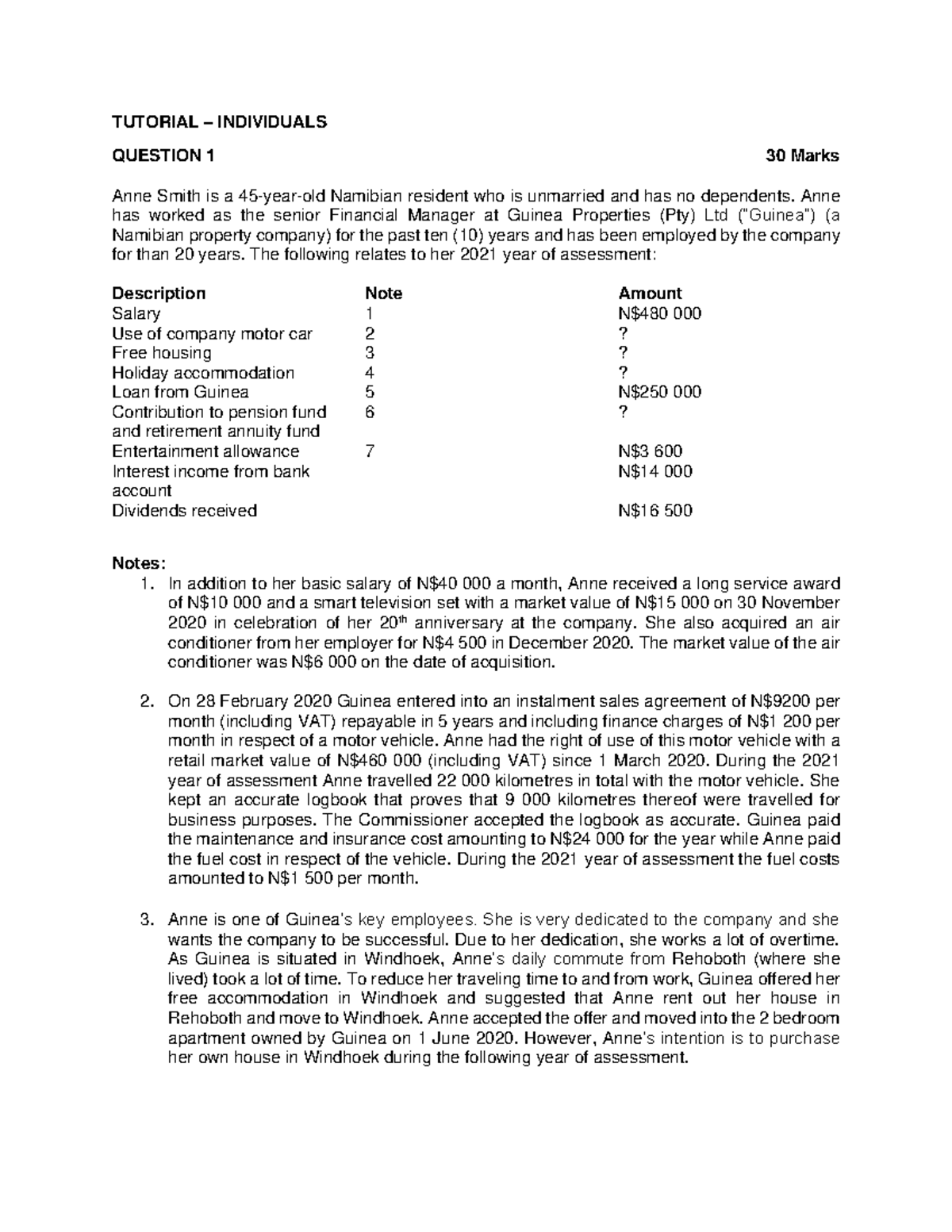 Tutorial Individuals - TUTORIAL – INDIVIDUALS QUESTION 1 30 Marks Anne ...