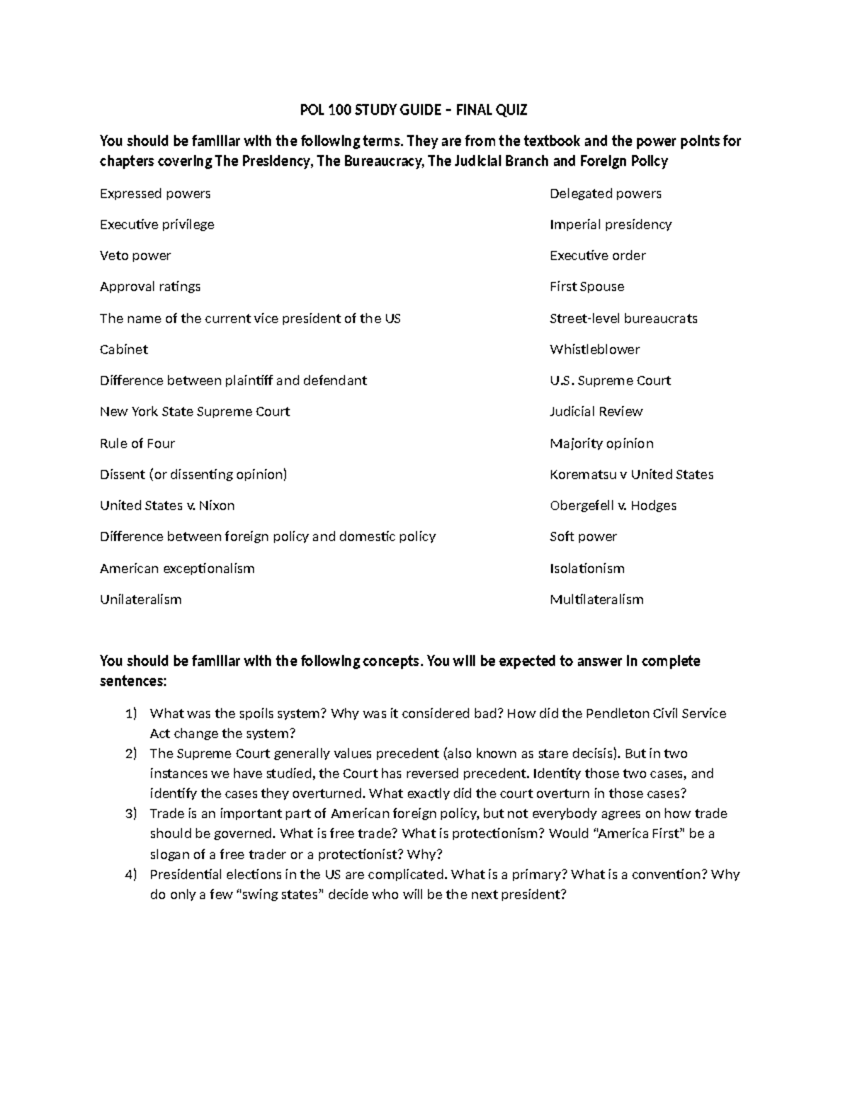 POL 100 Final study guide - POL 100 STUDY GUIDE – FINAL QUIZ You should ...