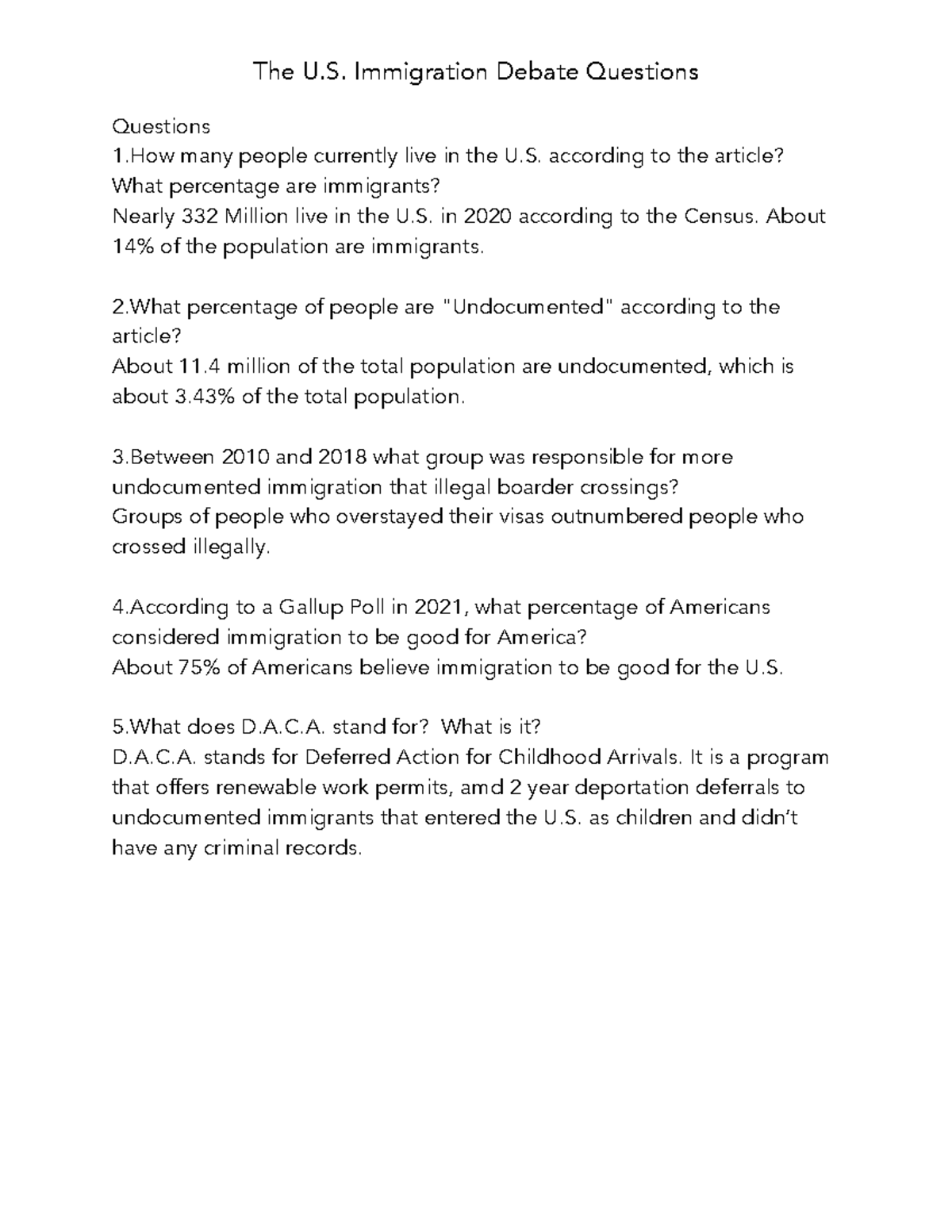 The U.S. Immigration Debate Questions - The U. Immigration Debate ...