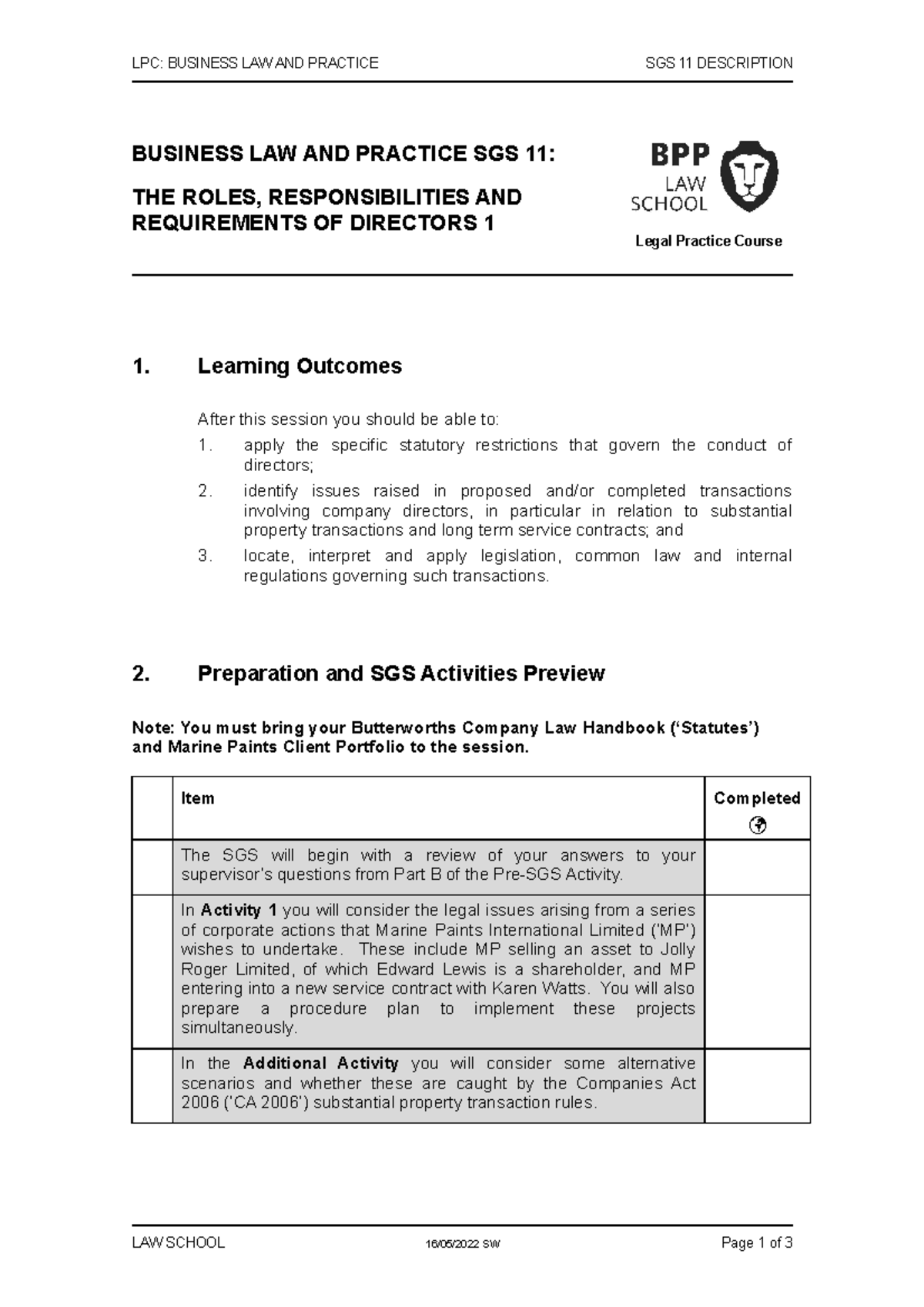 BLP SGS 11 Description - LPC: BUSINESS LAW AND PRACTICE SGS 11 ...
