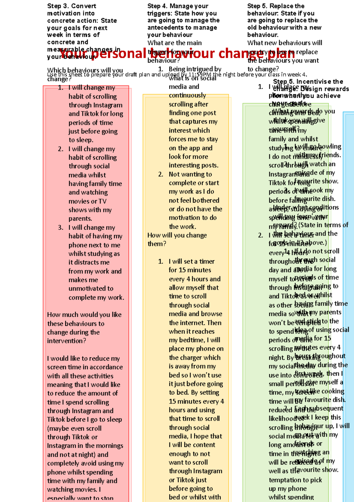 2023 PSYC2015 Draft behaviour change plan - Your personal behaviour ...