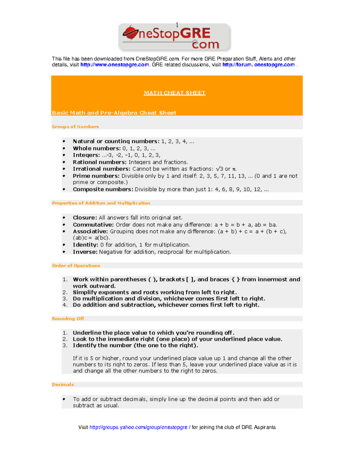 MATH Cheat Sheet Basic Math and Pre-Algebra Cheat - GRE ( PDFDrive ...